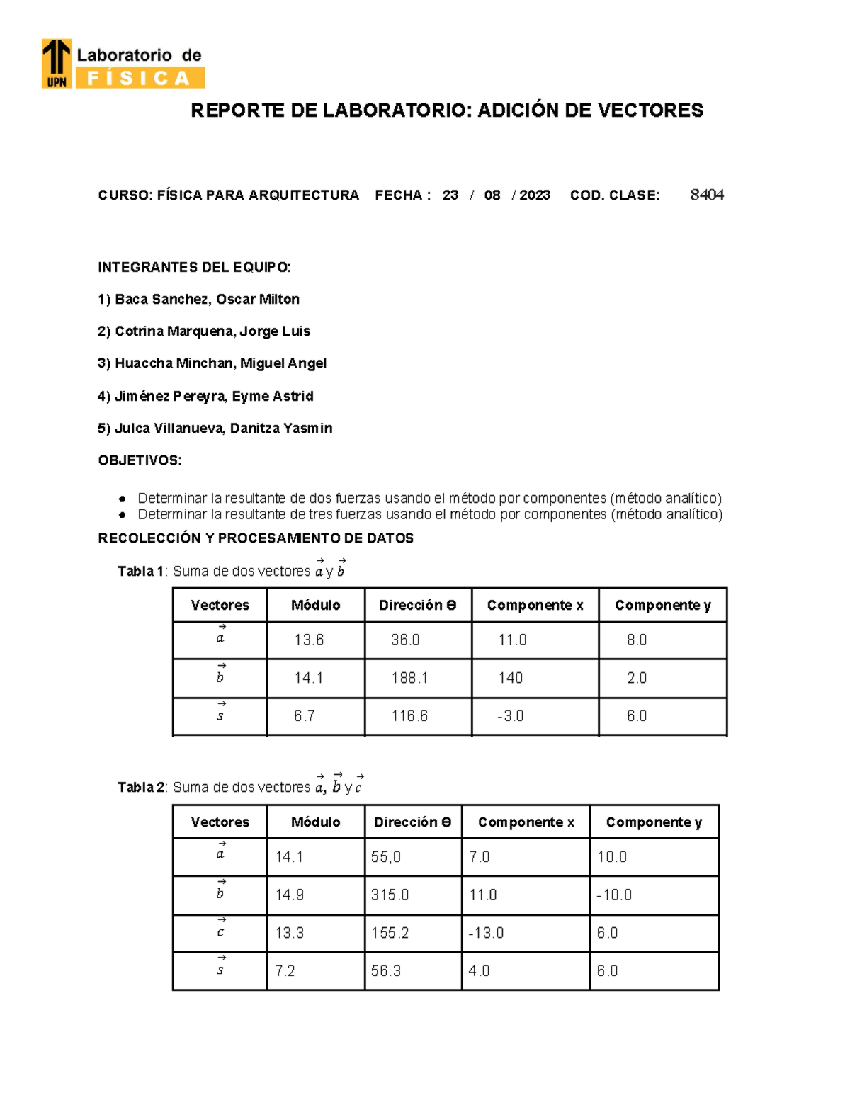 Reporte LAB Fisiarq S02 hecho - REPORTE DE LABORATORIO: ADICIÓN DE VECTORES CURSO: FÍSICA PARA ...