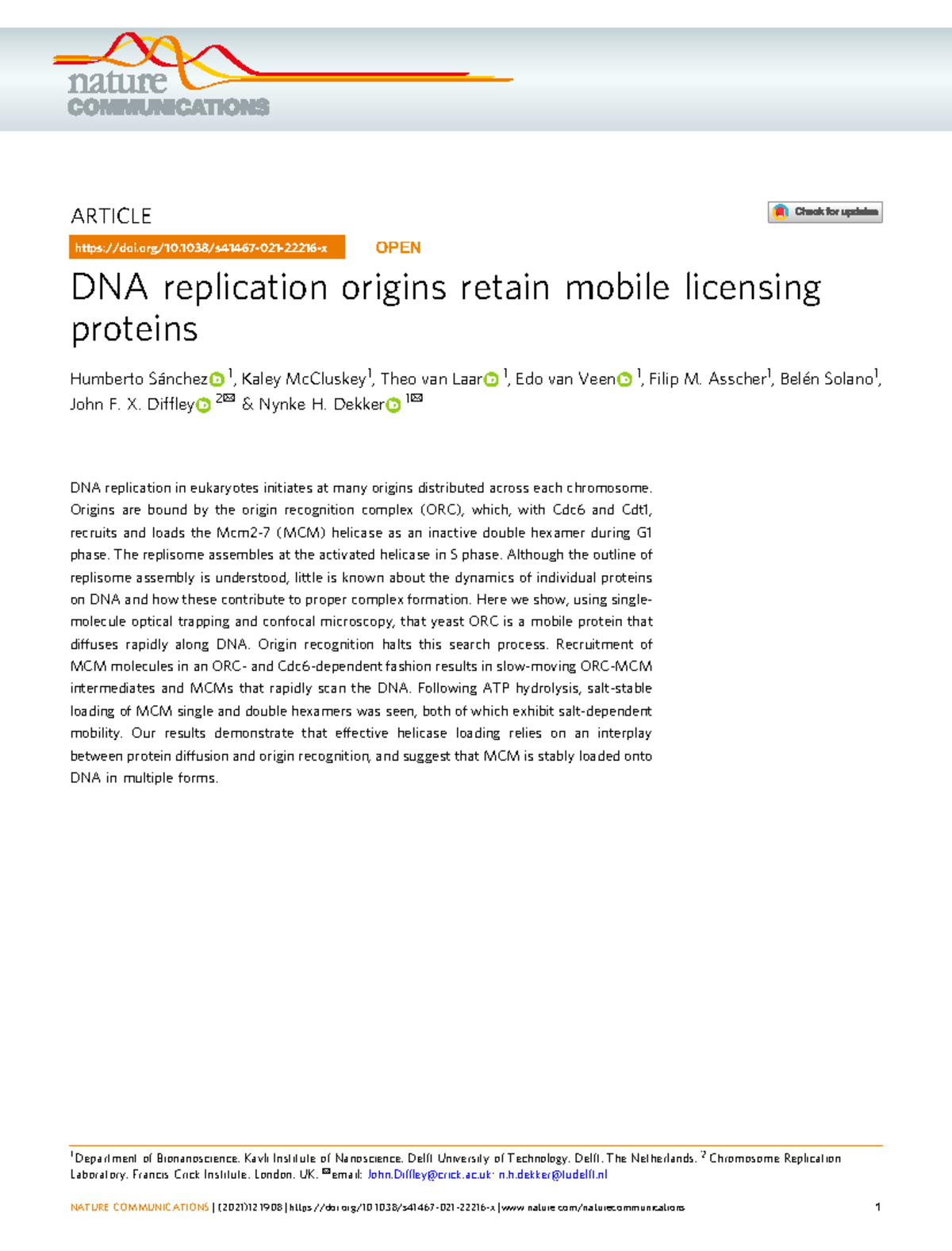 DNA replication origins retain mobile licensing proteins - ARTICLE DNA ...