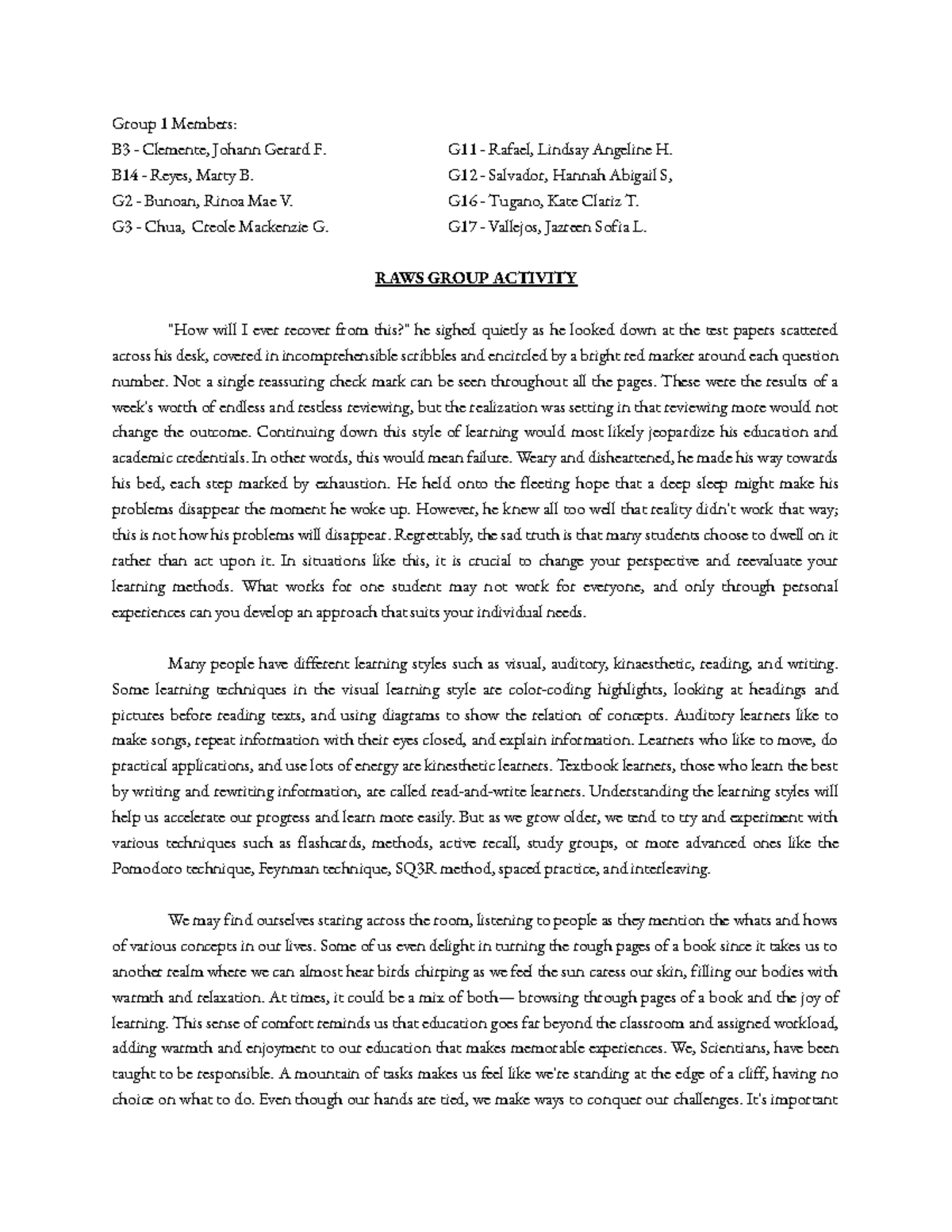 Group 1 - RAWS Essay - Group 1 Members: B3 - Clemente, Johann Gerard F ...