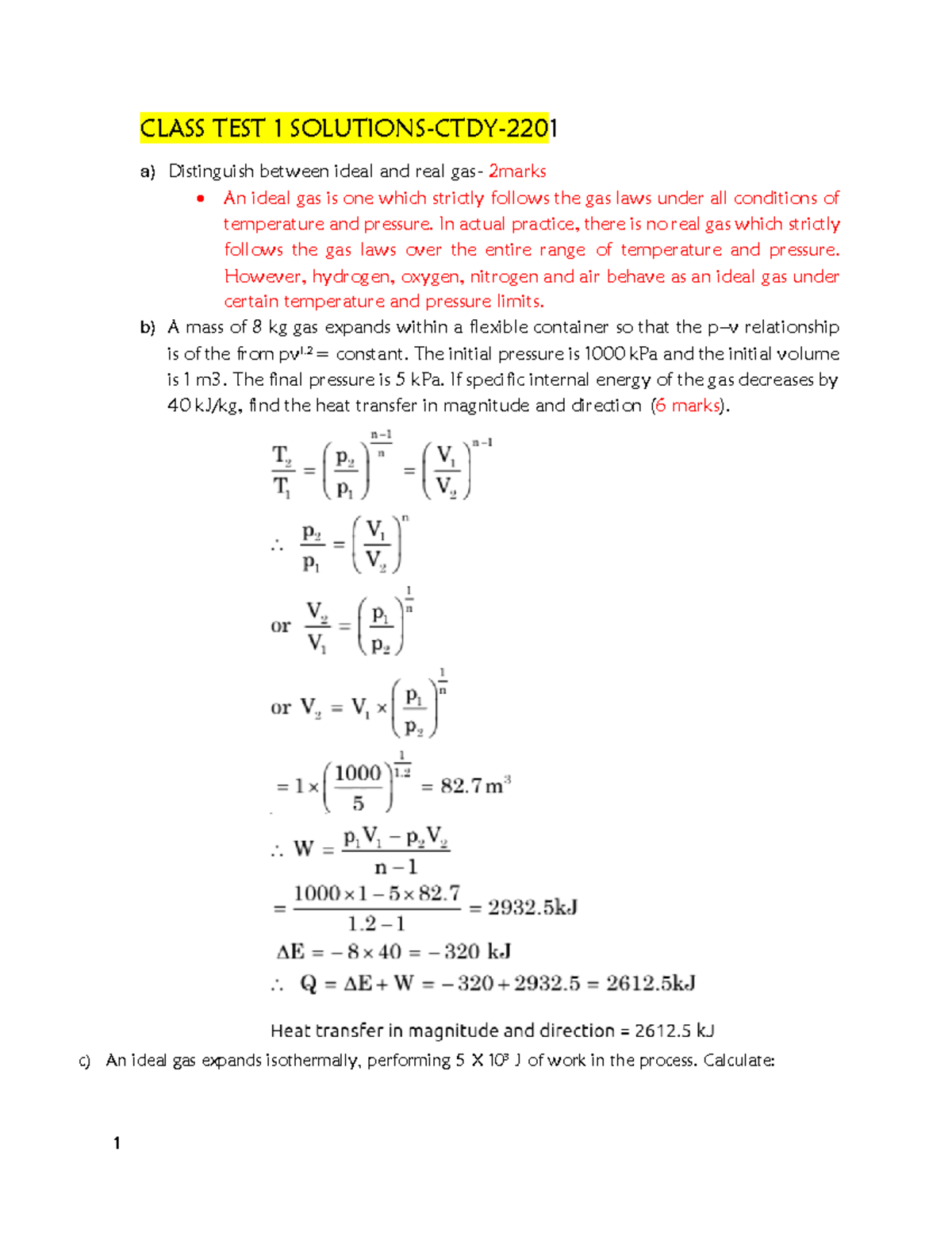 CTDY TEST 1 Solutions - Answers to Chemical engineering thermodynamics ...