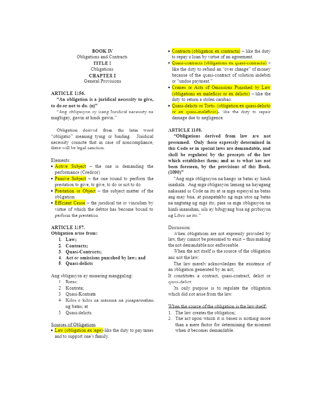 Article 1156-1178 - Notes - law in obligations and contracts - Studocu