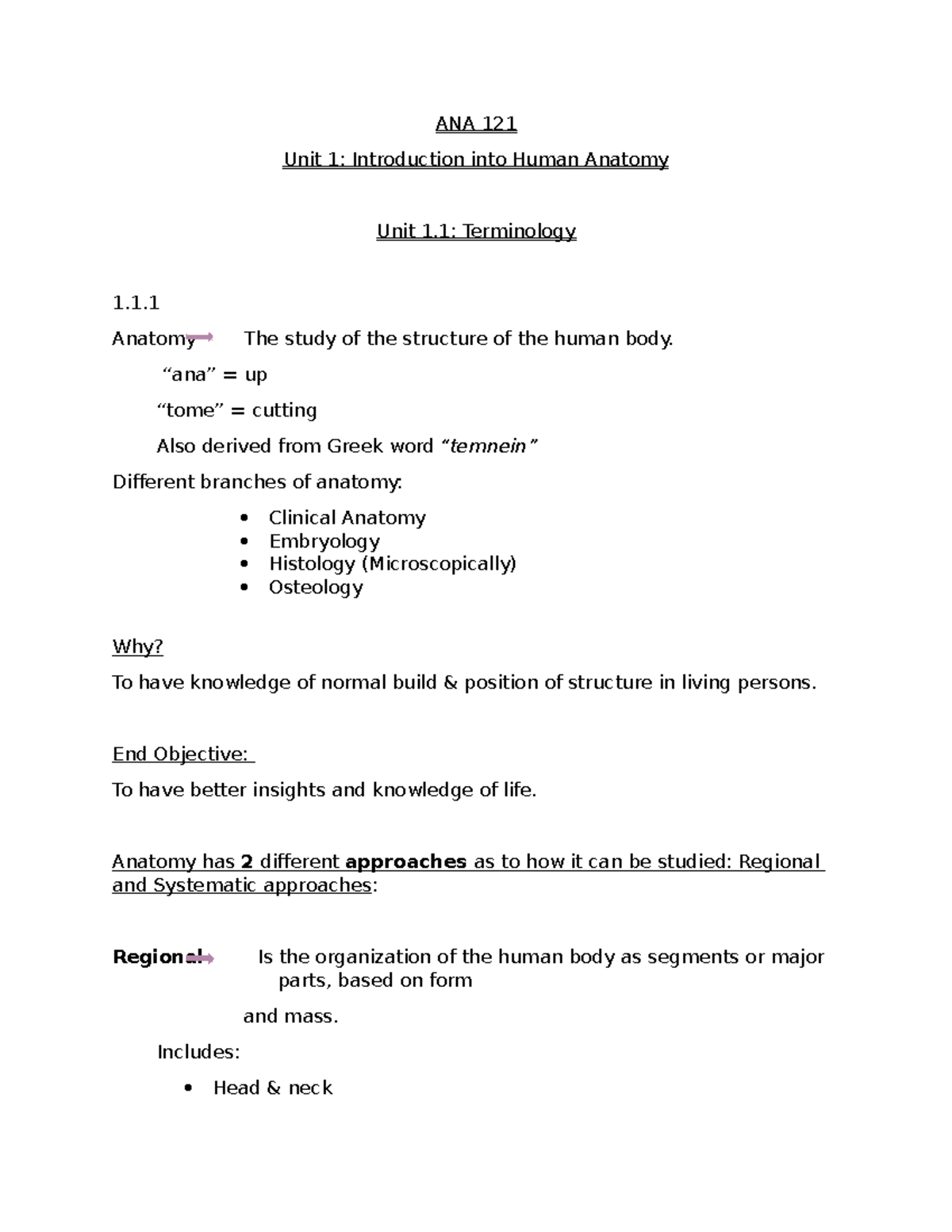 ANA 121 without images - ANA 121 Unit 1: Introduction into Human ...