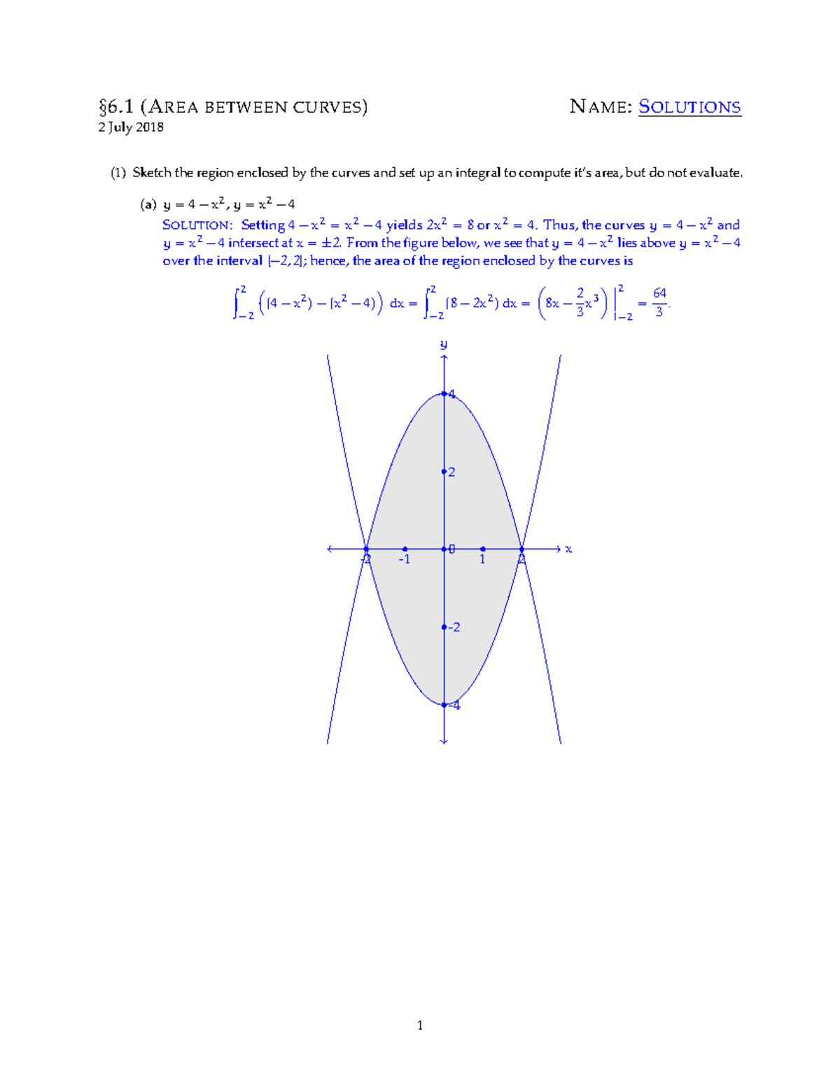 18su 1910 handout 06 solutions - §6 (AREA BETWEEN CURVES) NAME ...