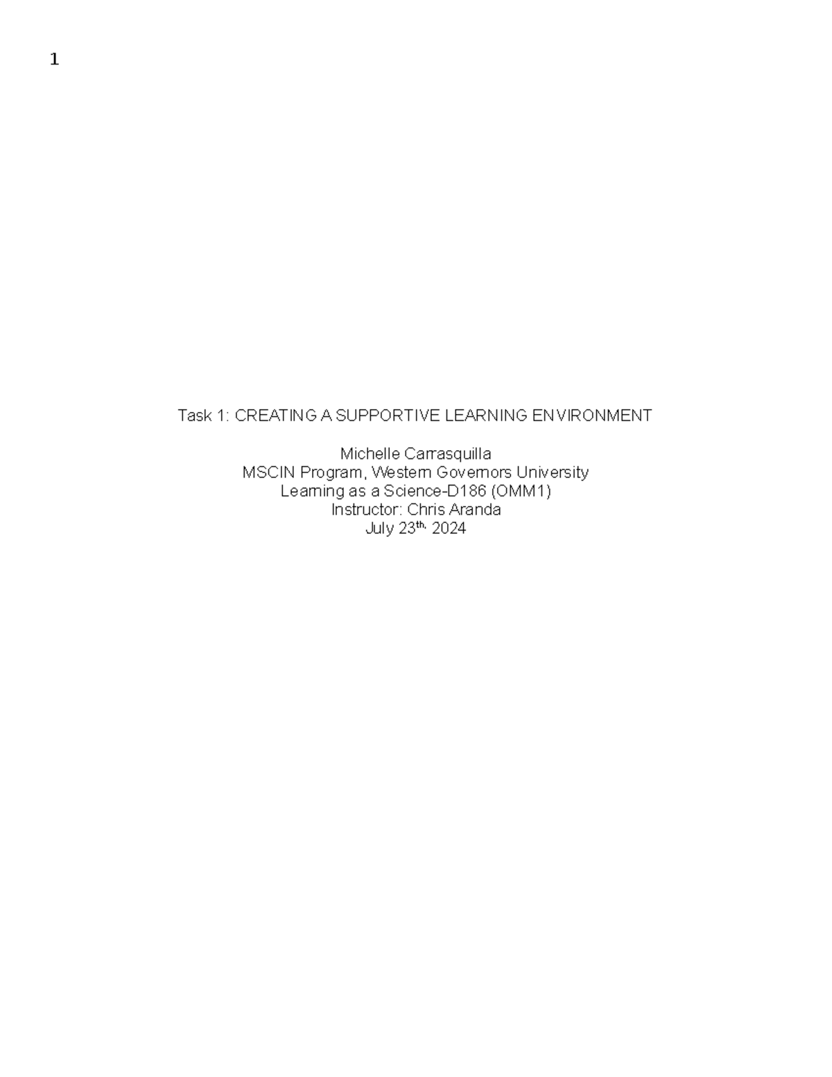 D186 Task 1 Passed - Task 1: CREATING A SUPPORTIVE LEARNING ENVIRONMENT ...