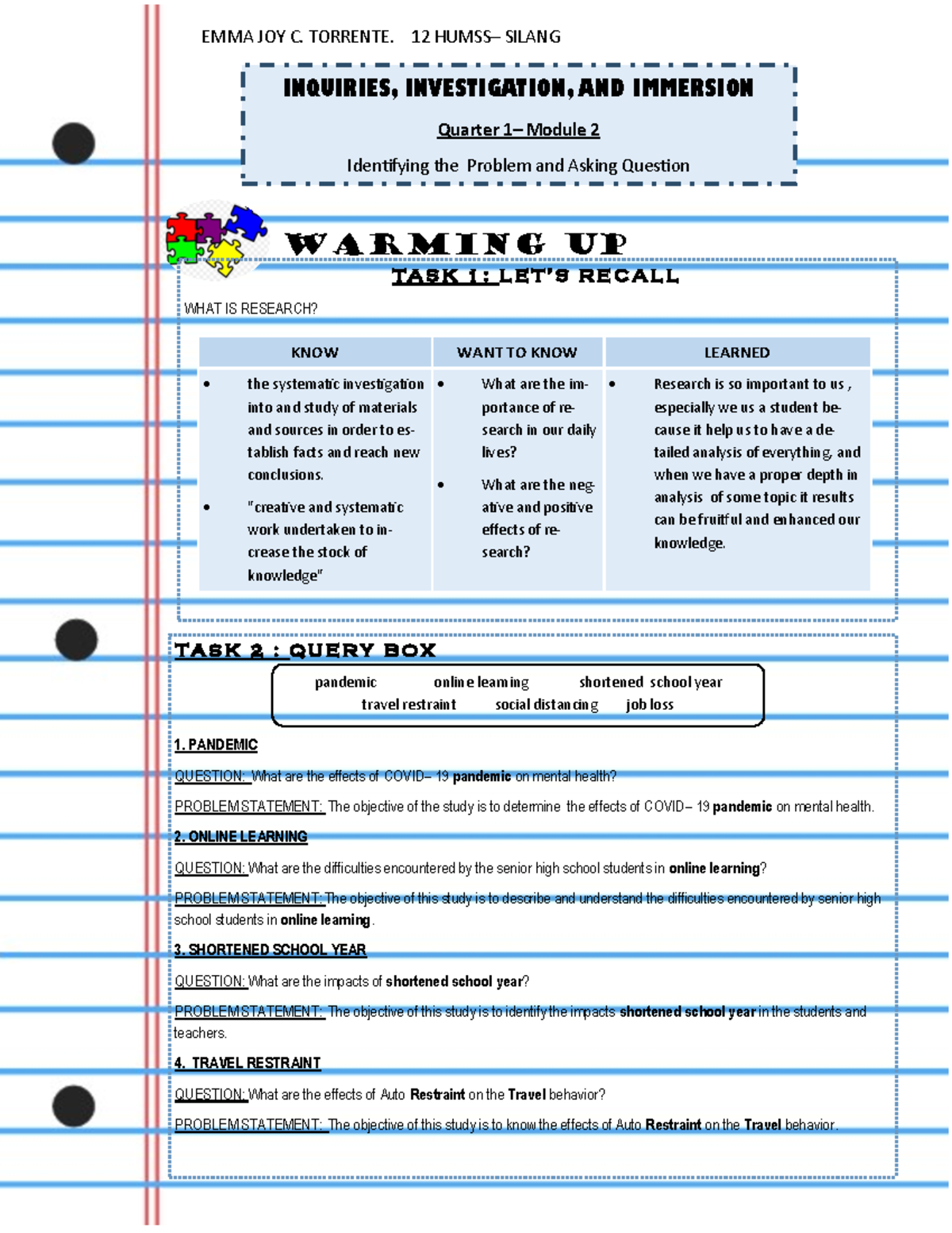 Inquiries, Investigation, AND Immersion- Quarter 1– Module 2 - EMMA JOY ...