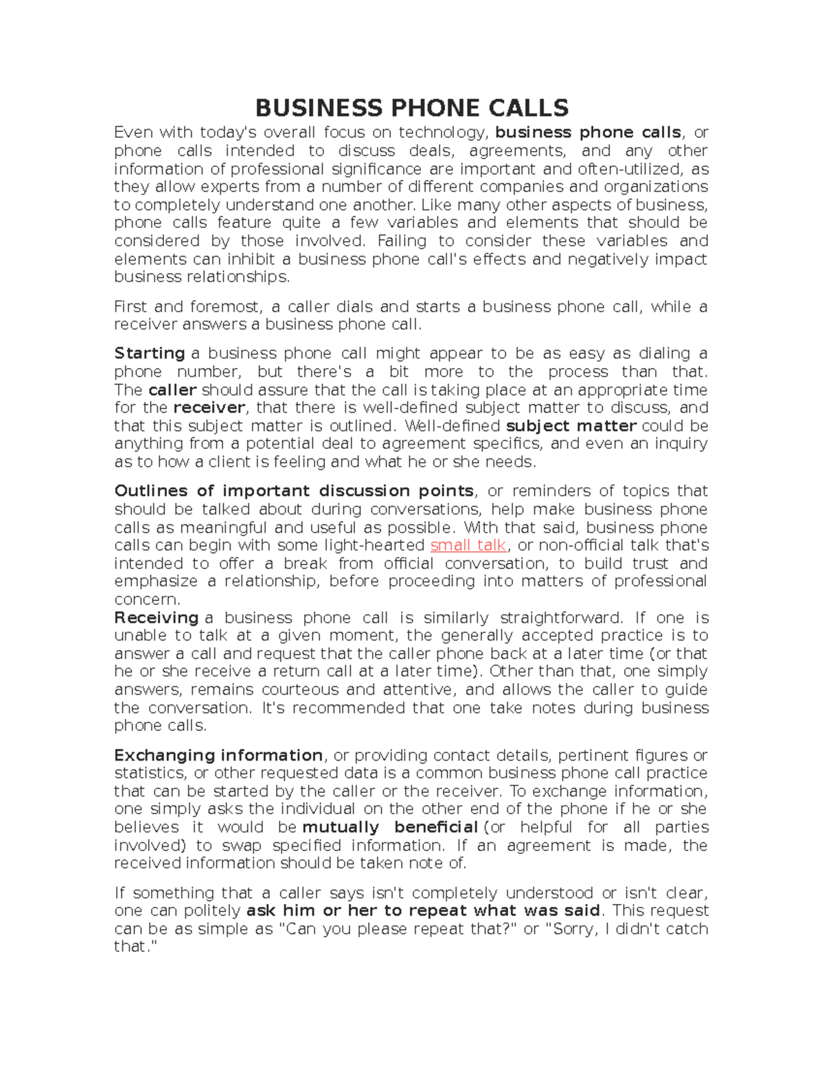 Business Phone Calls - ingles - BUSINESS PHONE CALLS Even with today's ...