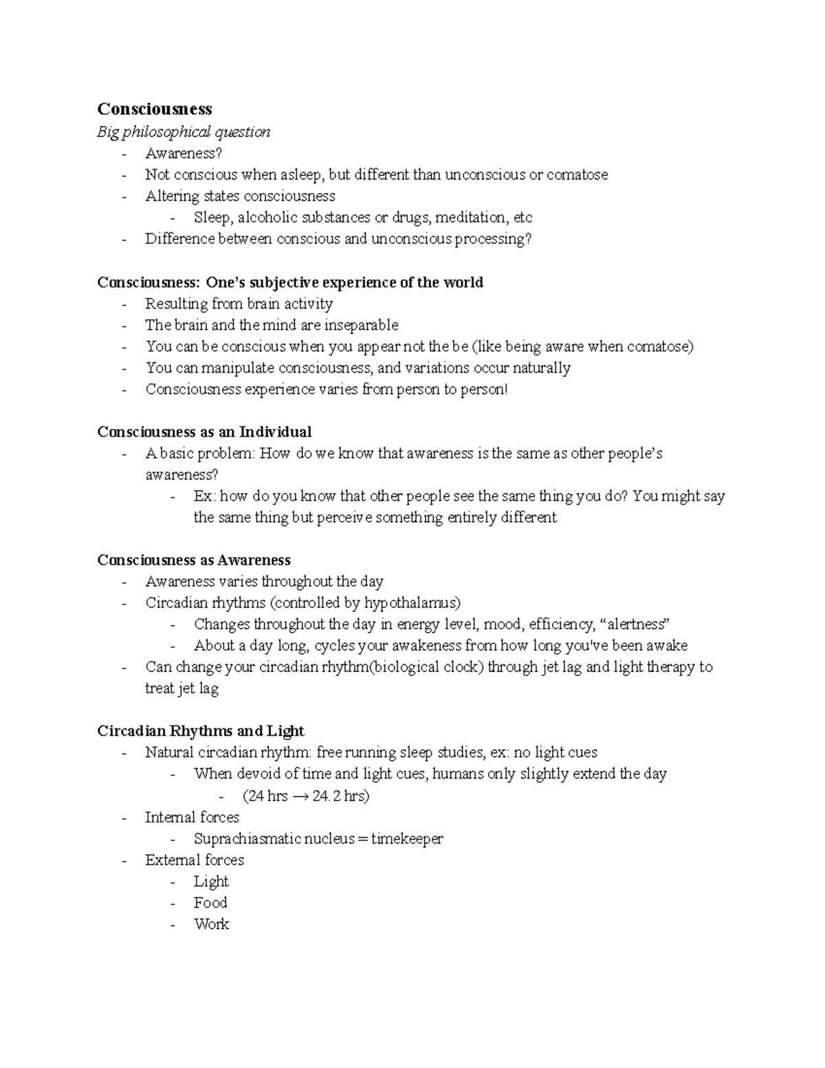 Psychology - Consciousness and Sleep - Consciousness Big philosophical ...