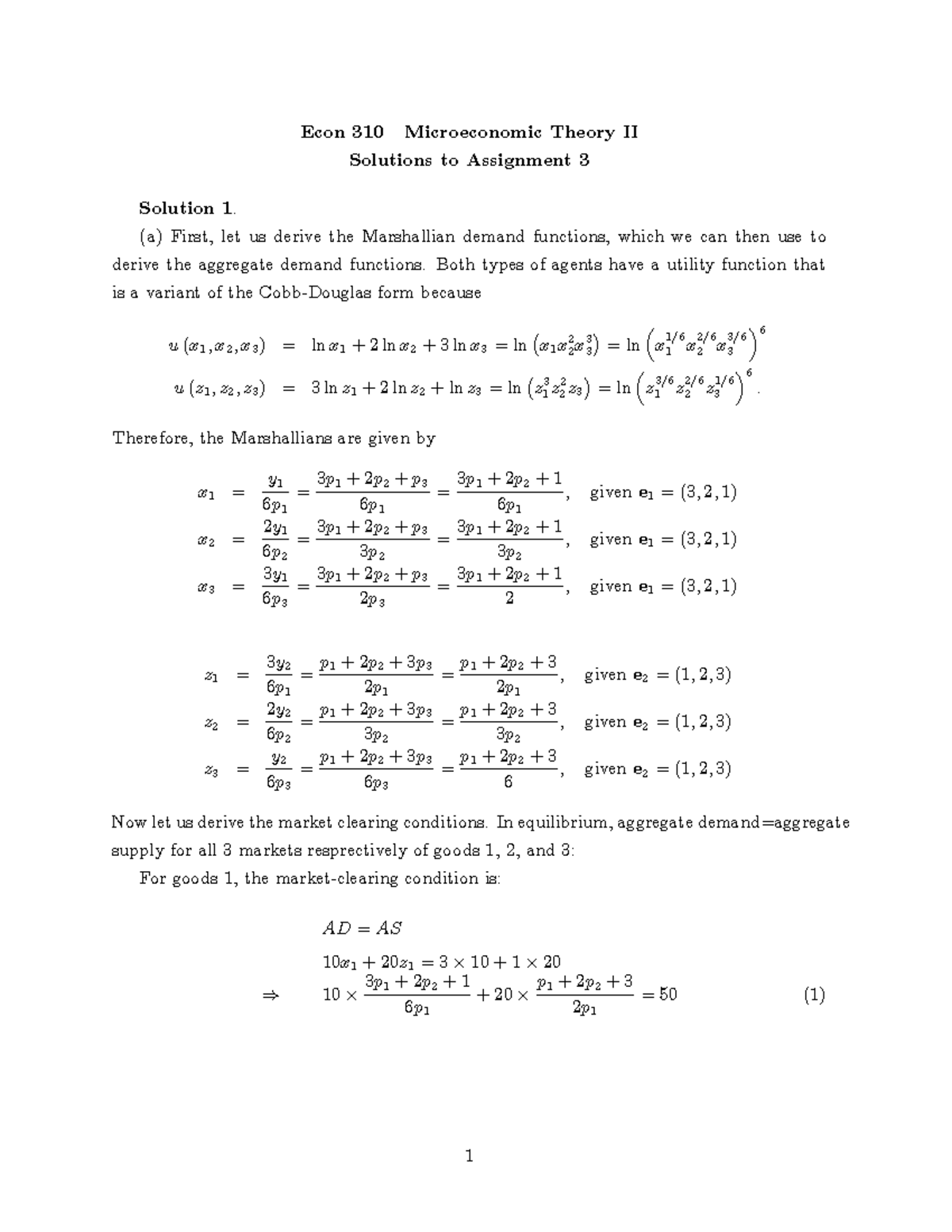 Econ310 2023f asg3 sol - ... - Econ 310 Microeconomic Theory II Solutions to Assignment 3 ...