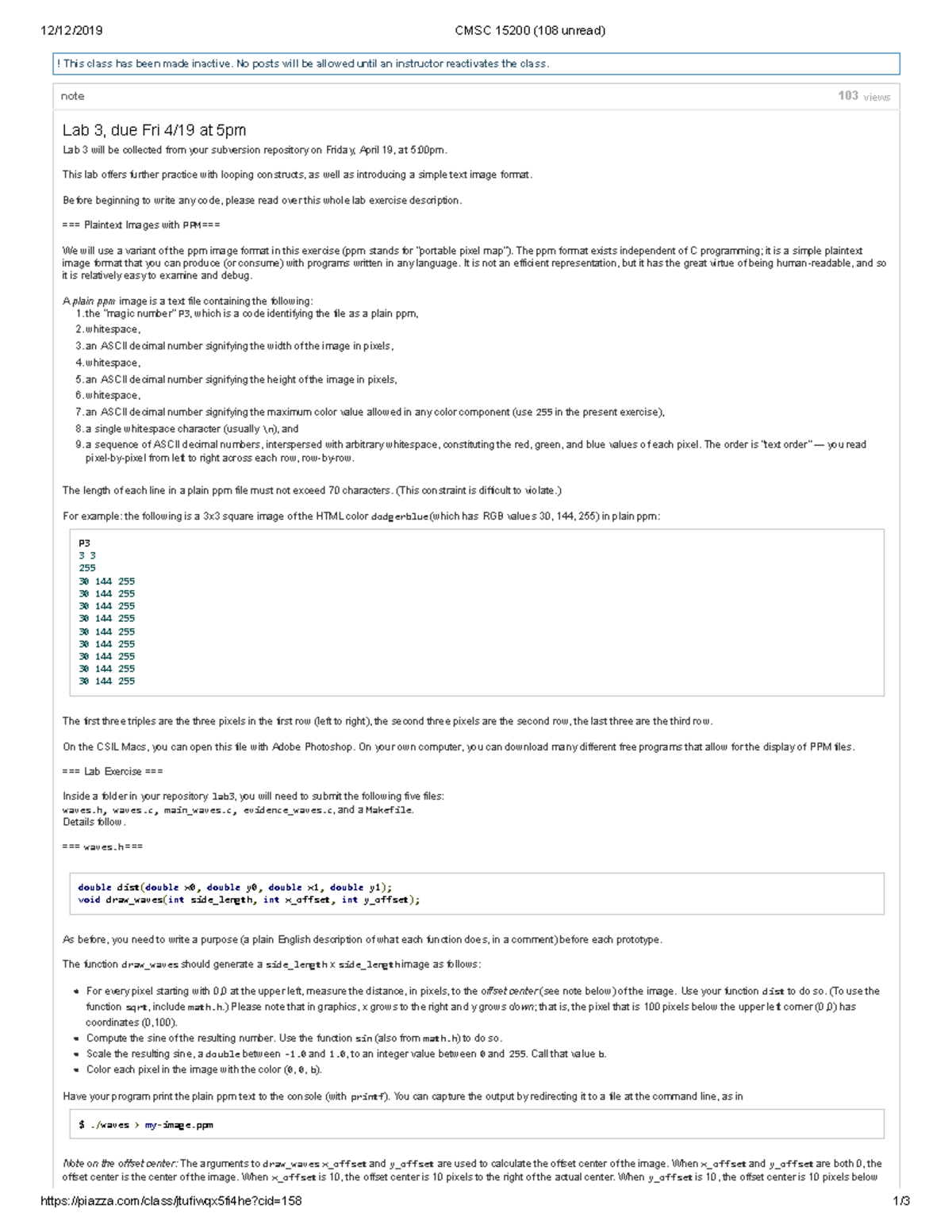 Lab 3 Assignment - 12/12/2019 CMSC 15200 (108 unread) piazza/class/jtufiwqx5fi4he?cid=158 1 ...