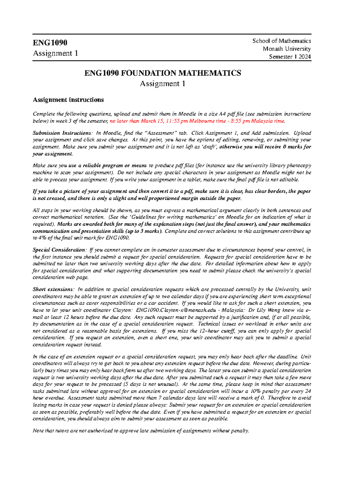 Assignment 1 - ENG Assignment 1 School of Mathematics Monash University ...