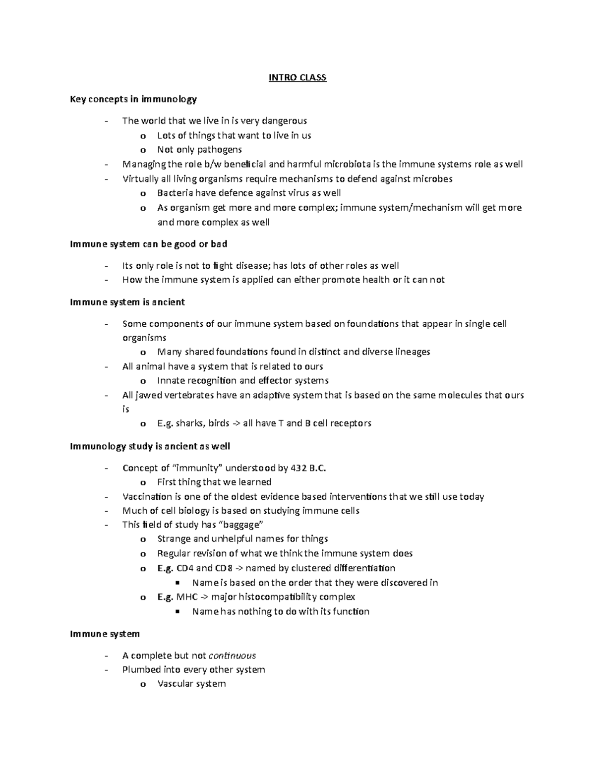Lec 1 - Intro to immunology - INTRO CLASS Key concepts in immunology ...