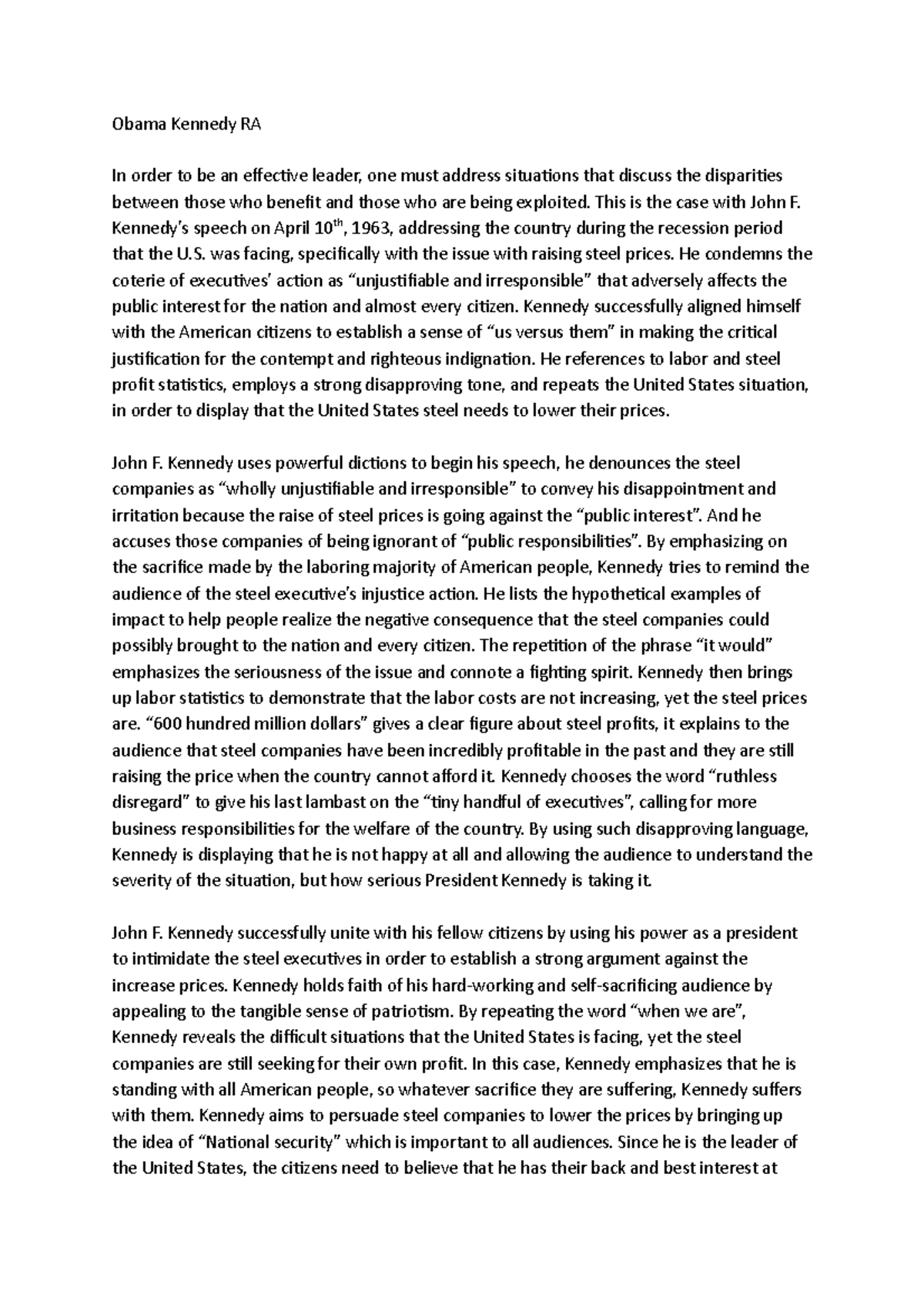 Obama Kenedy Rhetorical Analysis - Obama Kennedy RA In order to be an ...