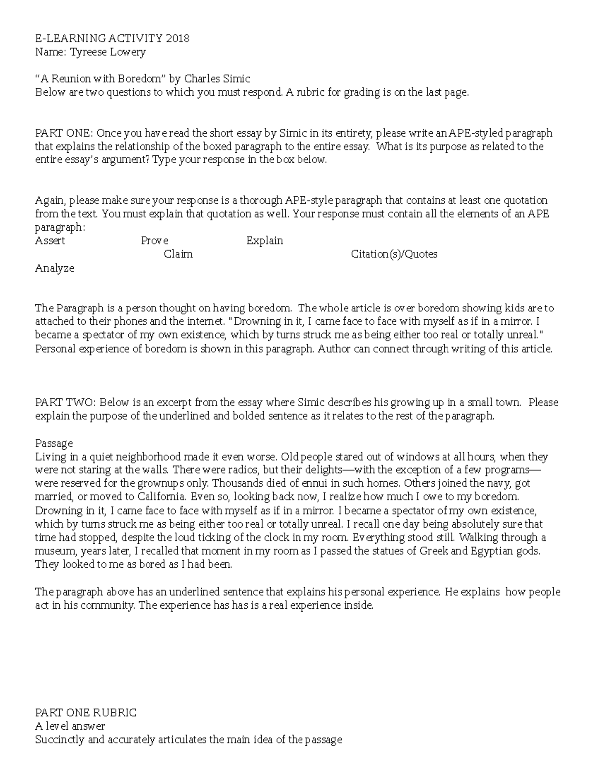 A Reunion with Boredom Assignment-1 - E-LEARNING ACTIVITY 2018 Name: Tyreese Lowery “A Reunion ...