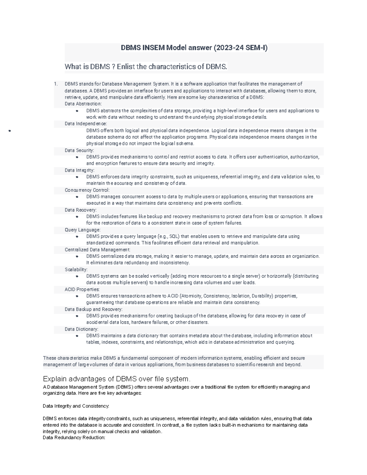 Insem Model answer - DBMS INSEM Model answer (2023-24 SEM-I) What is ...