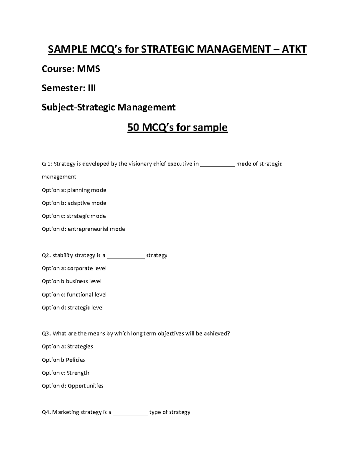Sample MCQ’s for Strategic Management - SAMPLE MCQ’s for STRATEGIC ...
