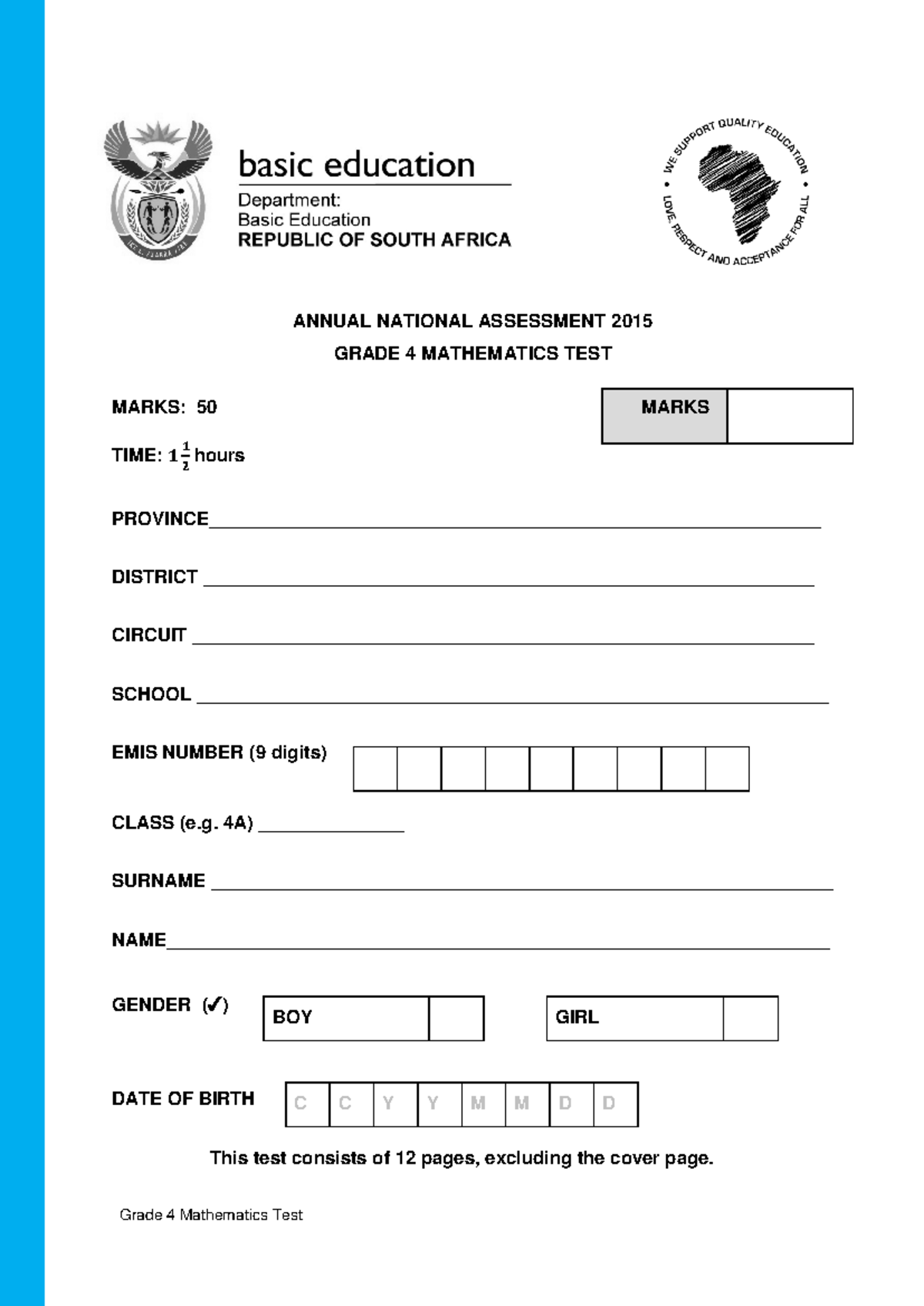 2015 ANA Gr 4 Mathematics Test- 2015 K - ANNUAL NATIONAL ASSESSMENT ...