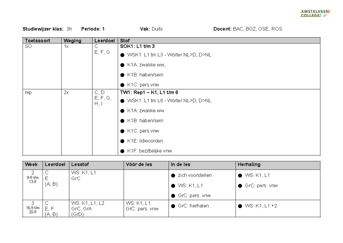 Studiewijzer klas 3h Periode 1 Vak Duits Docent BAC BOZ OSE ROS - vnw ...