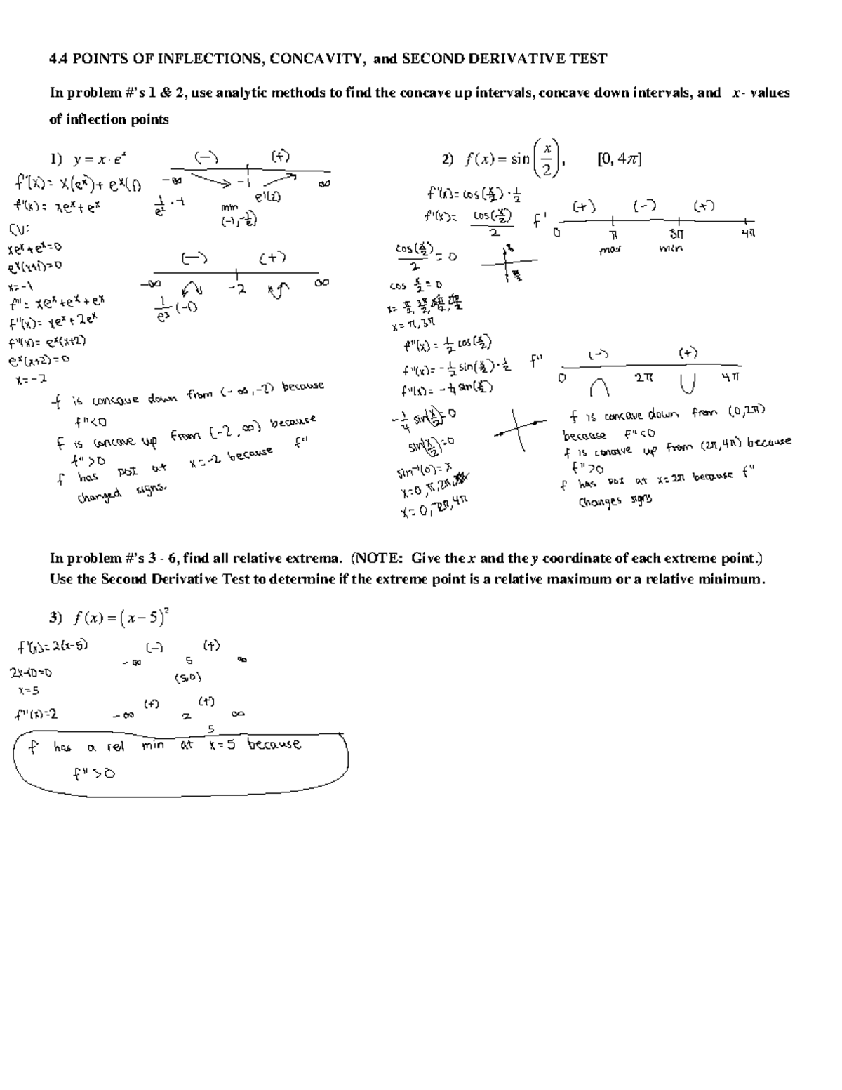 Math Calculus 4.4 Wkst - 4 POINTS OF INFLECTIONS, CONCAVITY, and SECOND ...