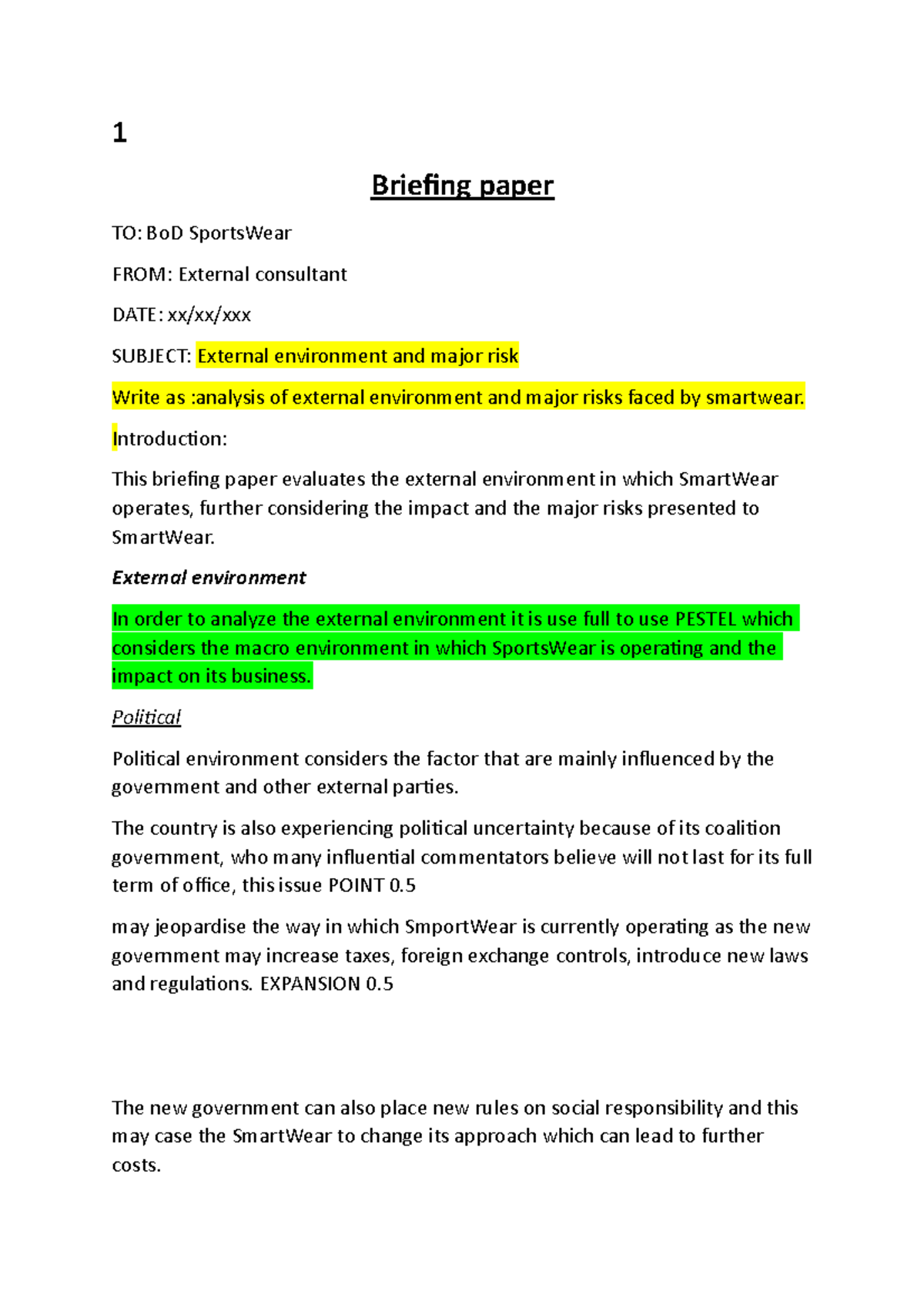 Smart Wear SBL - 1 Briefing paper TO: BoD SportsWear FROM: External ...