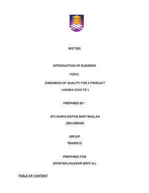 Assignment Individual MGT028 - Syafiqah Zaidi (Autosaved) - FACULTY OF ...