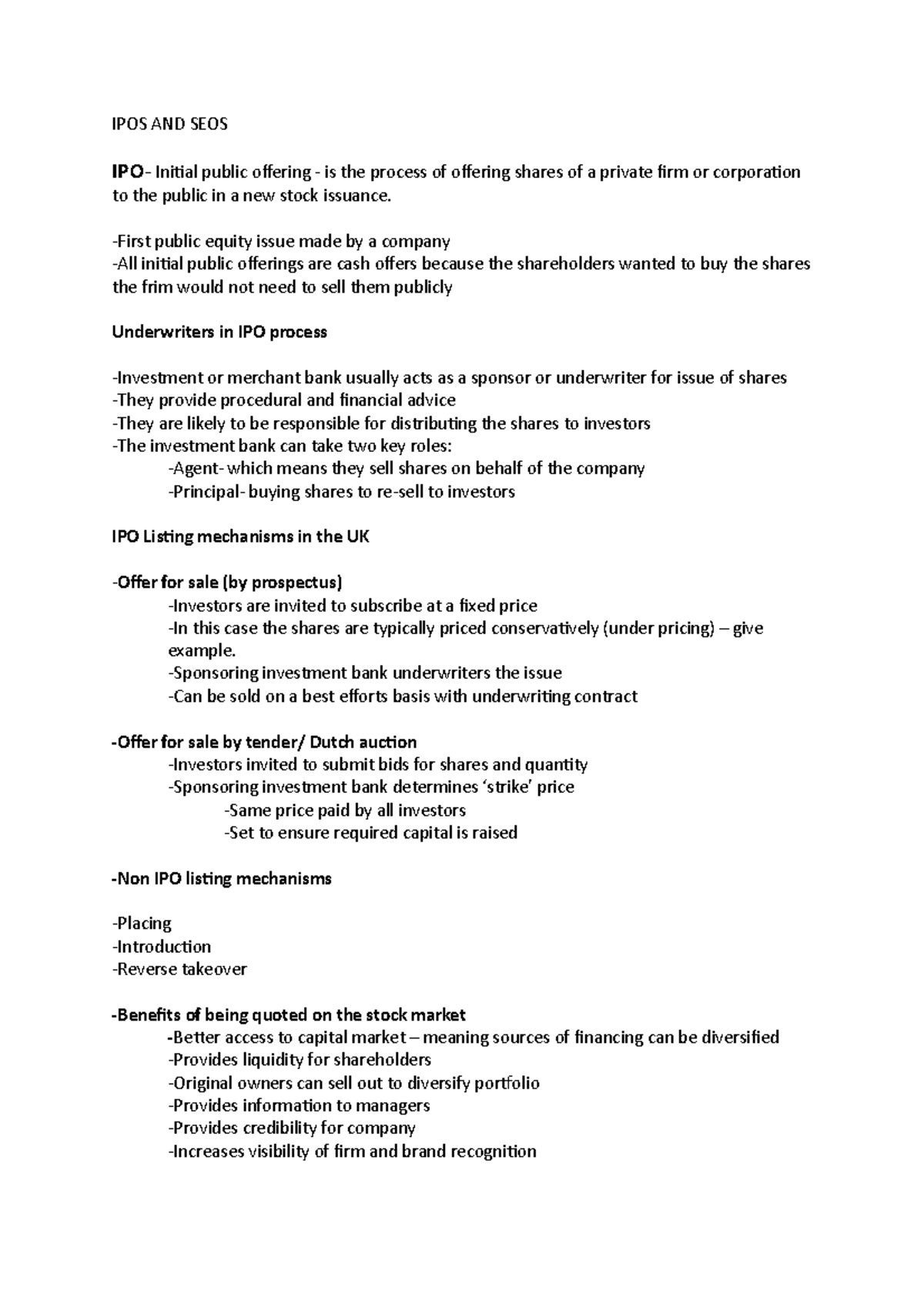 IPOS AND SEOS- Finance essay notes - IPOS AND SEOS IPO - Initial public ...