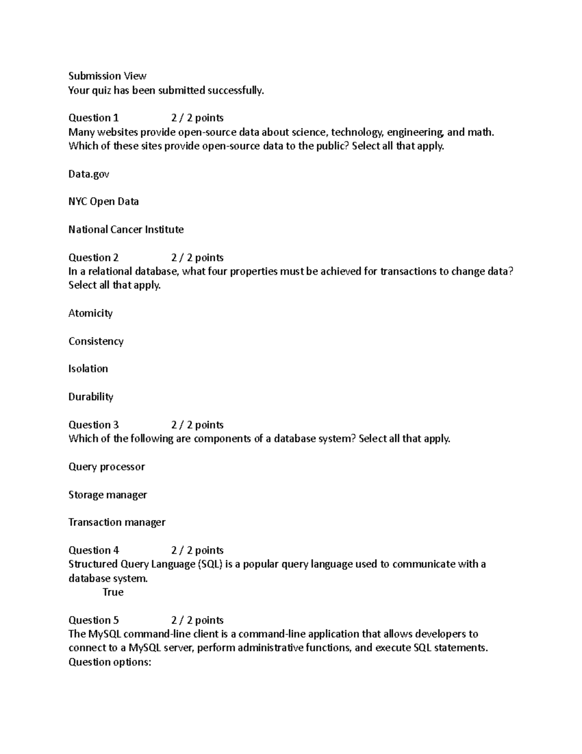 1-3 Quiz - Quiz for module 1. - Submission ViewYour quiz has been ...