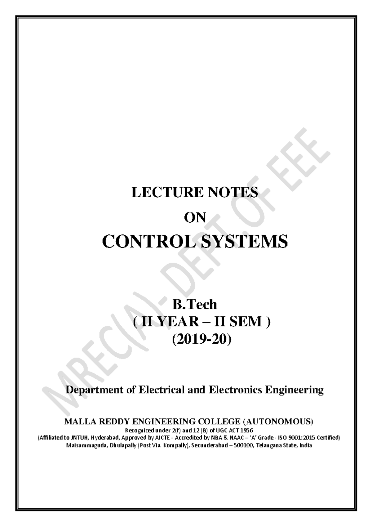 Control Systems - LECTURE NOTES ON CONTROL SYSTEMS B ( II YEAR – II SEM ...