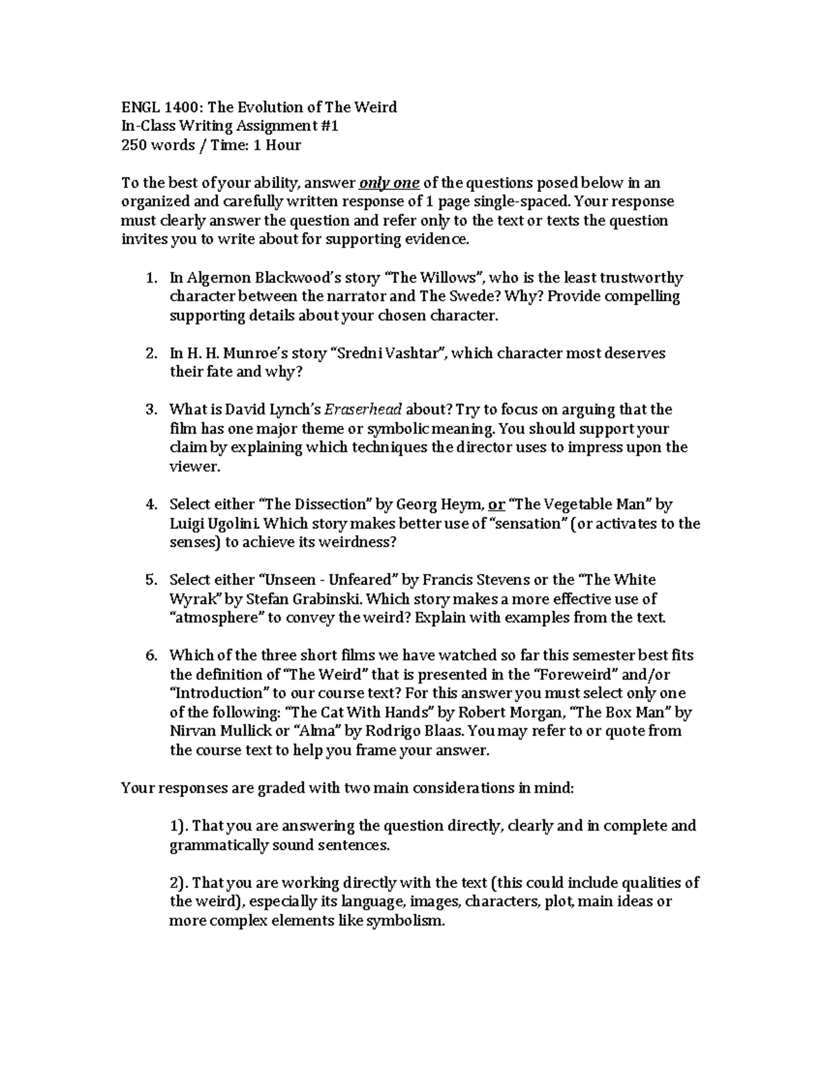 ENGL 1400 Sample in-class writing assignment - ENGL 1400: The Evolution ...