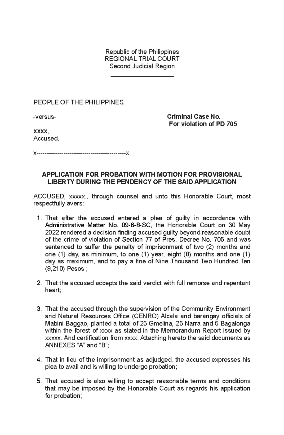 Application FOR Probation WITH Motion FOR Provisional Liberty During ...