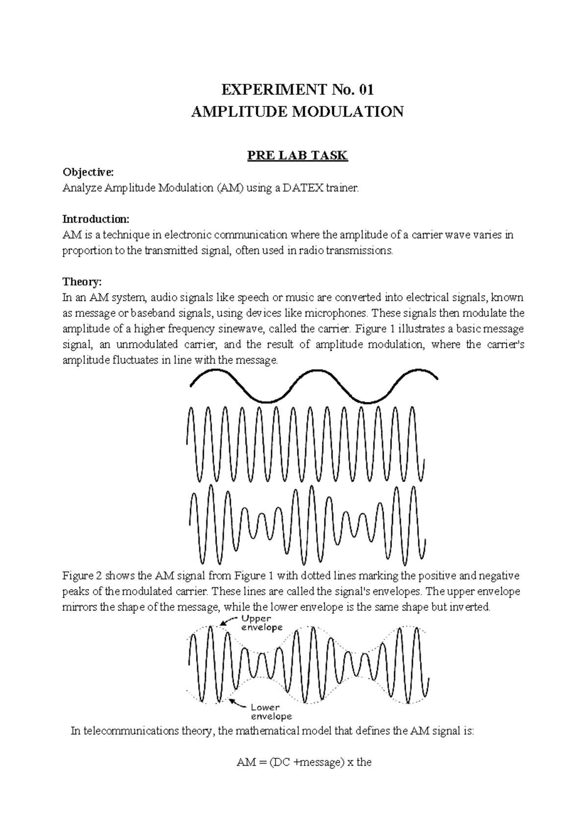 Cs lab 1 (29) - its from cs lab - EXPERIMENT No. 01 AMPLITUDE MODULATION PRE LAB TASK Objective ...