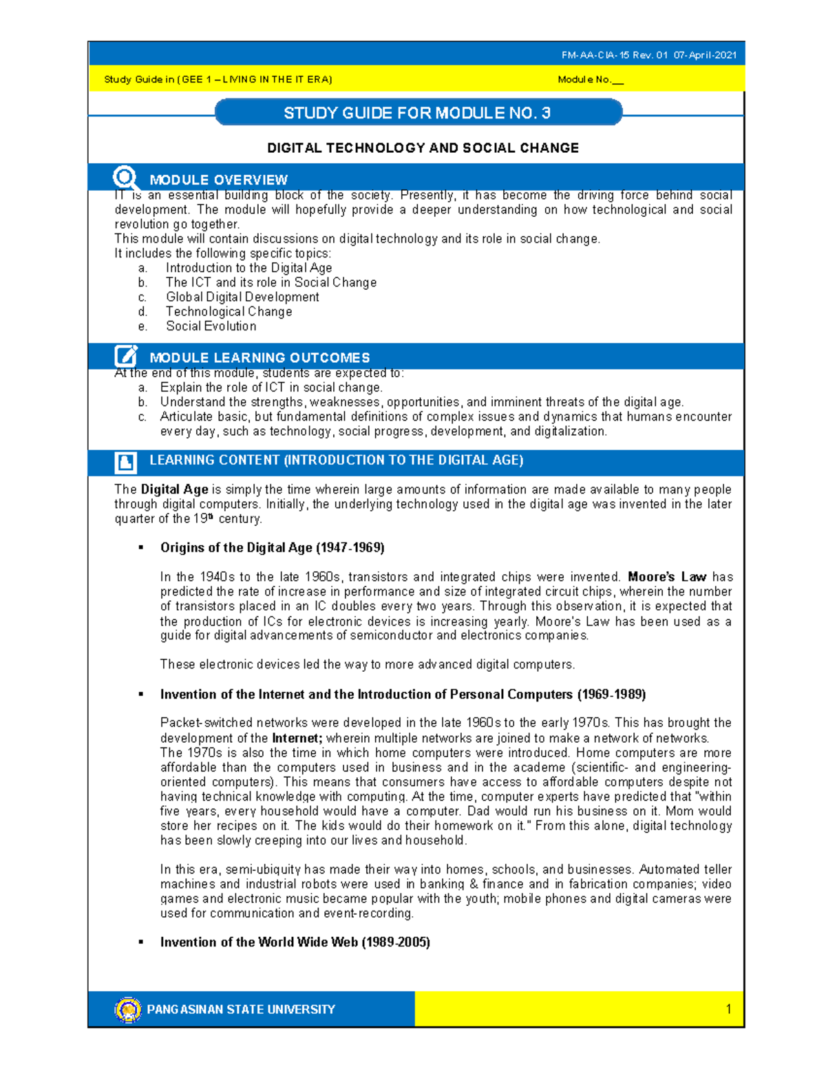 GEE1 SG3 - Study Guide in (GEE 1 – LIVING IN THE IT ERA) Module No ...