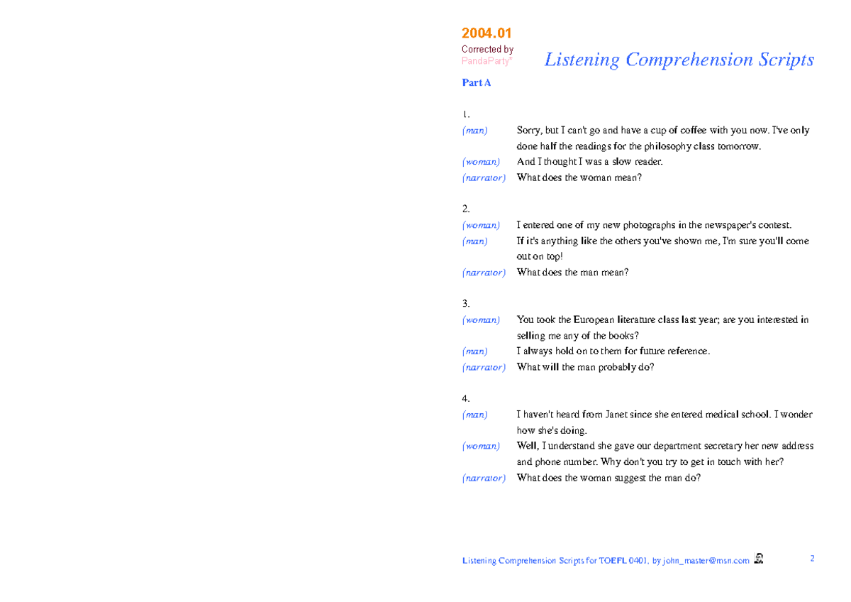 Script 0401 - 2004 Corrected by PandaParty* Listening Comprehension ...