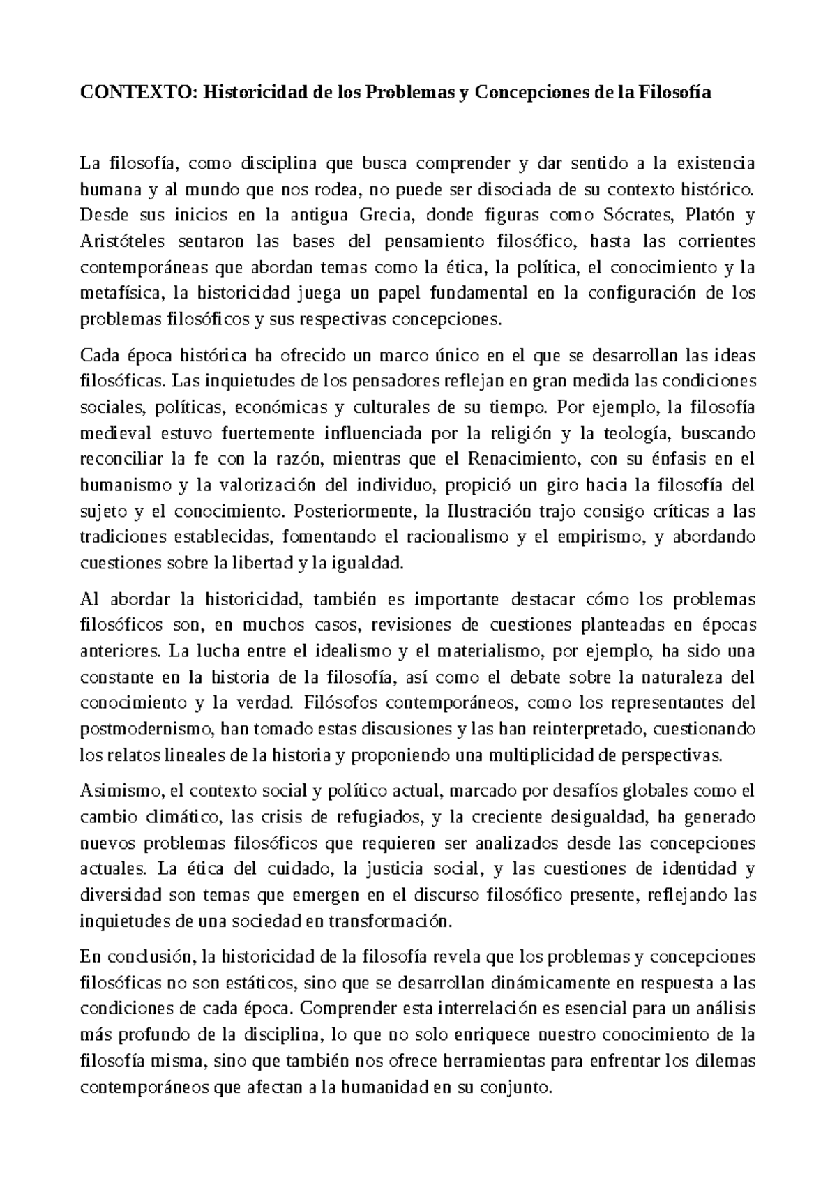 Historia de la filosofia para PAU 2025 - CONTEXTO: Historicidad de los ...