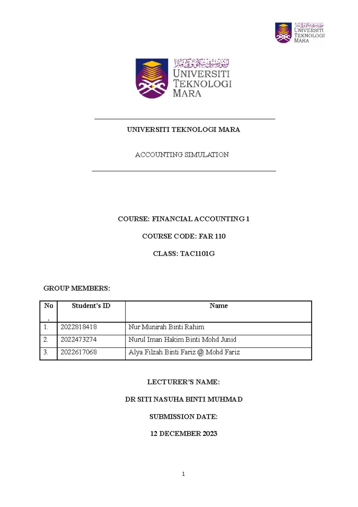 Far Assignments Group - ASSIGNMENT FAR - UNIVERSITI TEKNOLOGI MARA ...