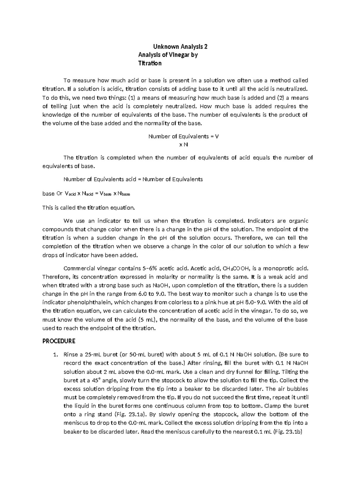 Unknown-Analysis-2 -Vinegar-Unknown - Unknown Analysis 2 Analysis of Vinegar by Titration To ...