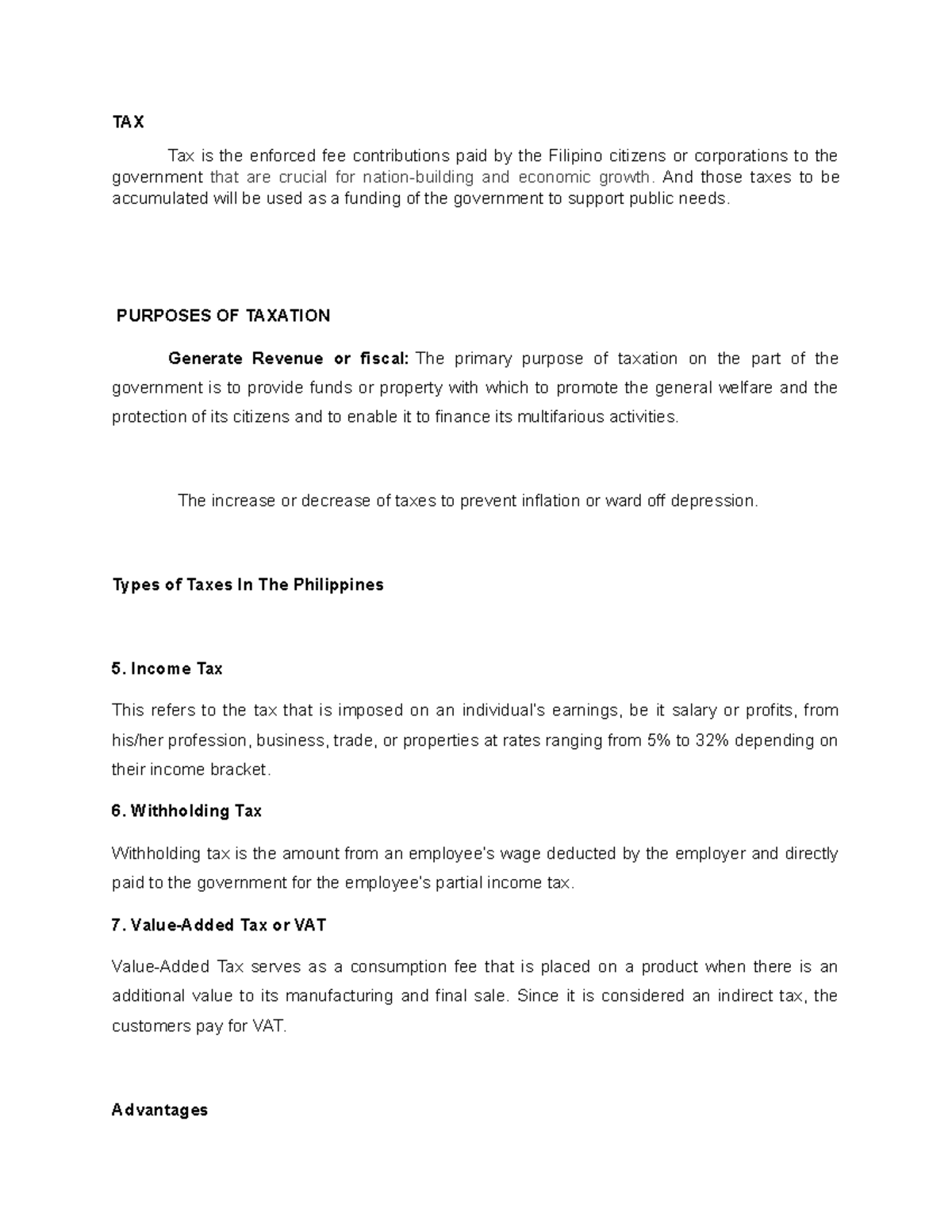 TAX - Lecture notes 2 - TAX Tax is the enforced fee contributions paid ...