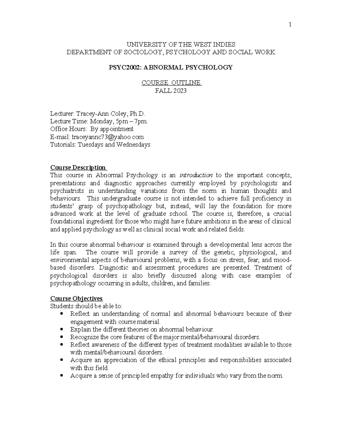 PSYC2002 Course Outline 2023 - UNIVERSITY OF THE WEST INDIES DEPARTMENT ...