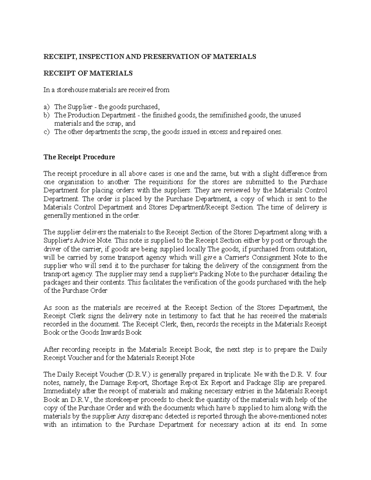 Receipt, inspection and preservation of materials - RECEIPT, INSPECTION ...