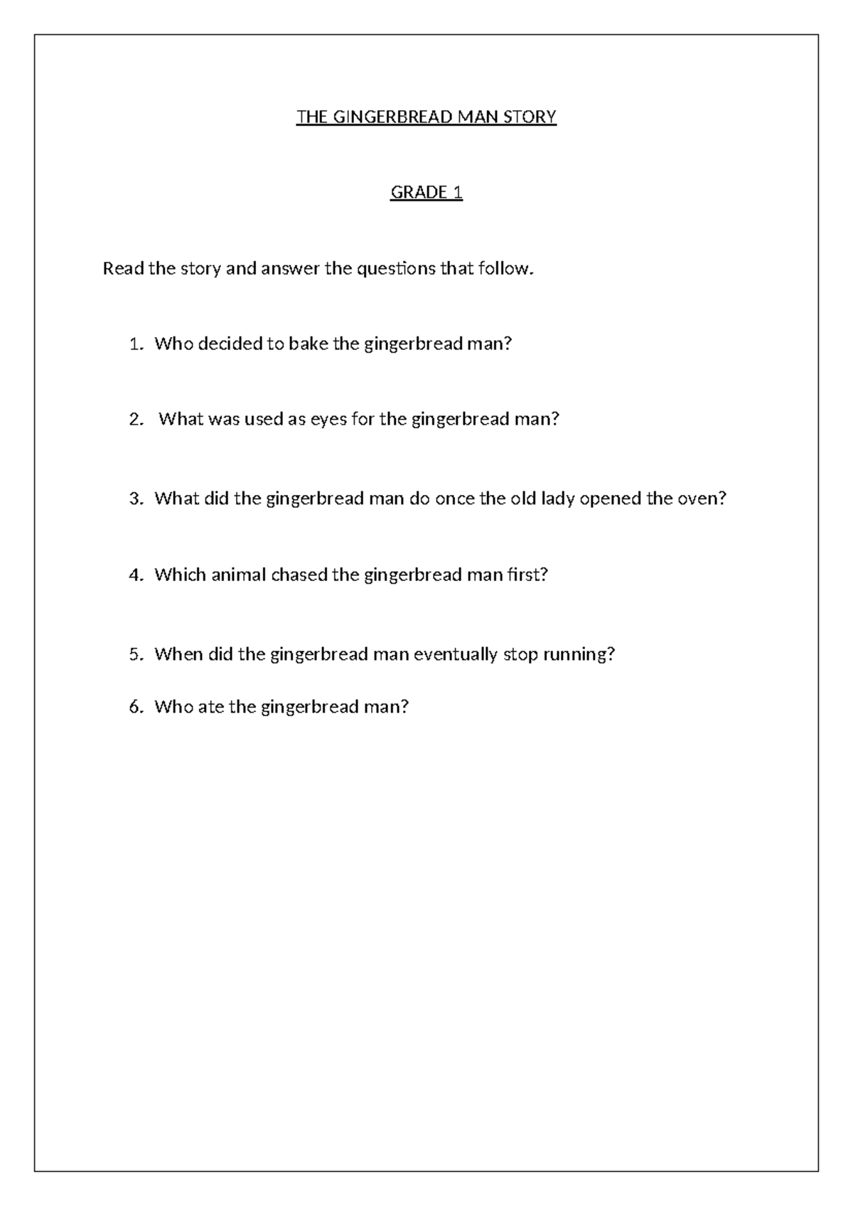 The Gingerbread Man Stor1 Engs 101 The Gingerbread Man Story Grade