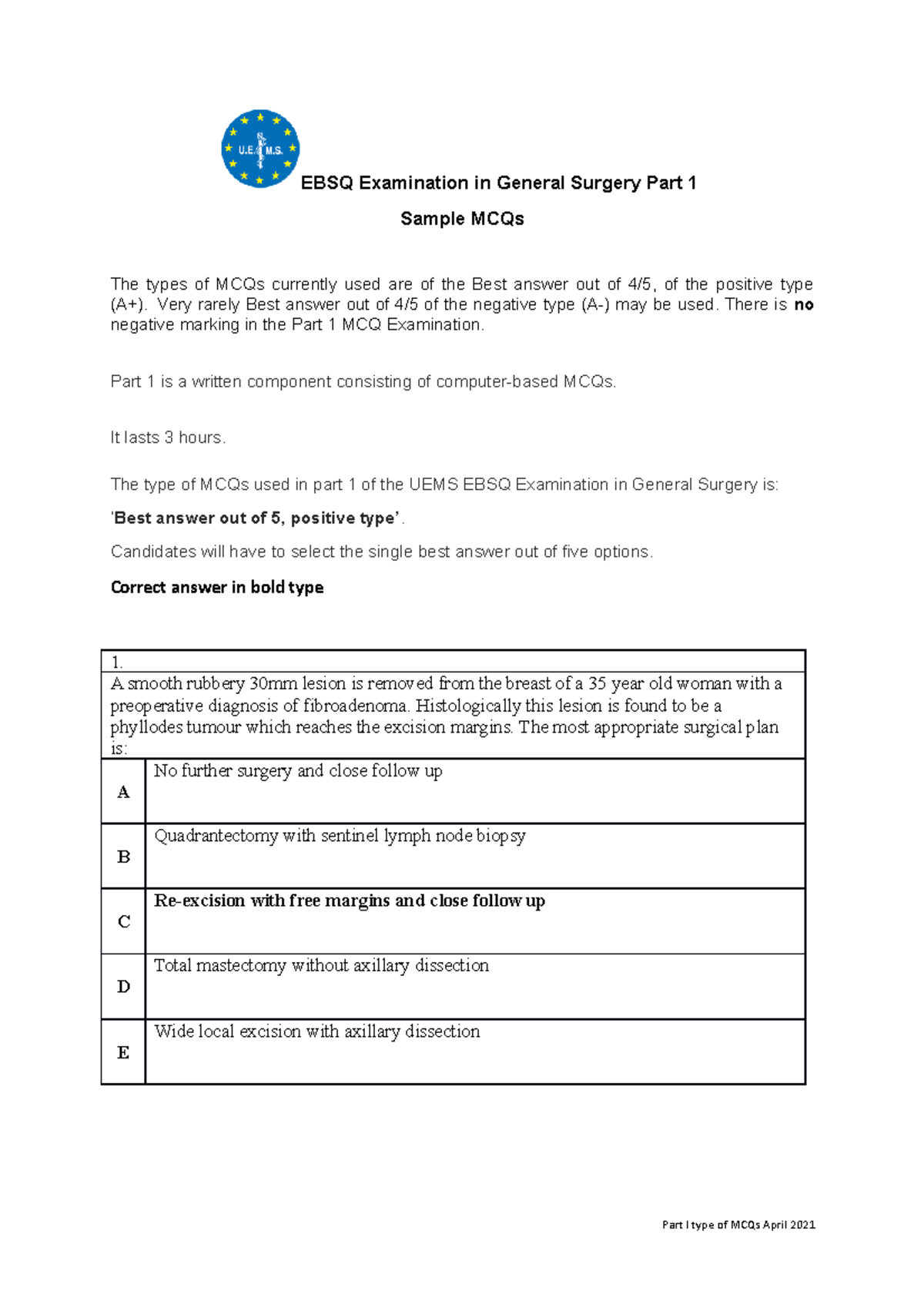Part 1 types of MCQs April 2021 - EBSQ Examination in General Surgery ...