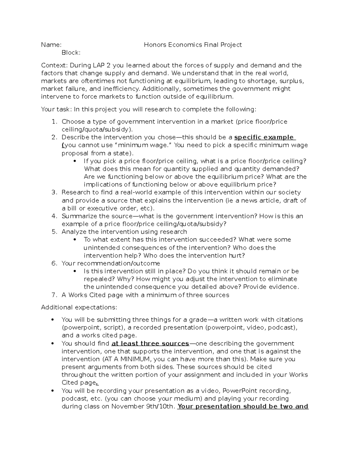 Honors Econ Project Assignment Sheet 2023 - Name: Honors Economics ...