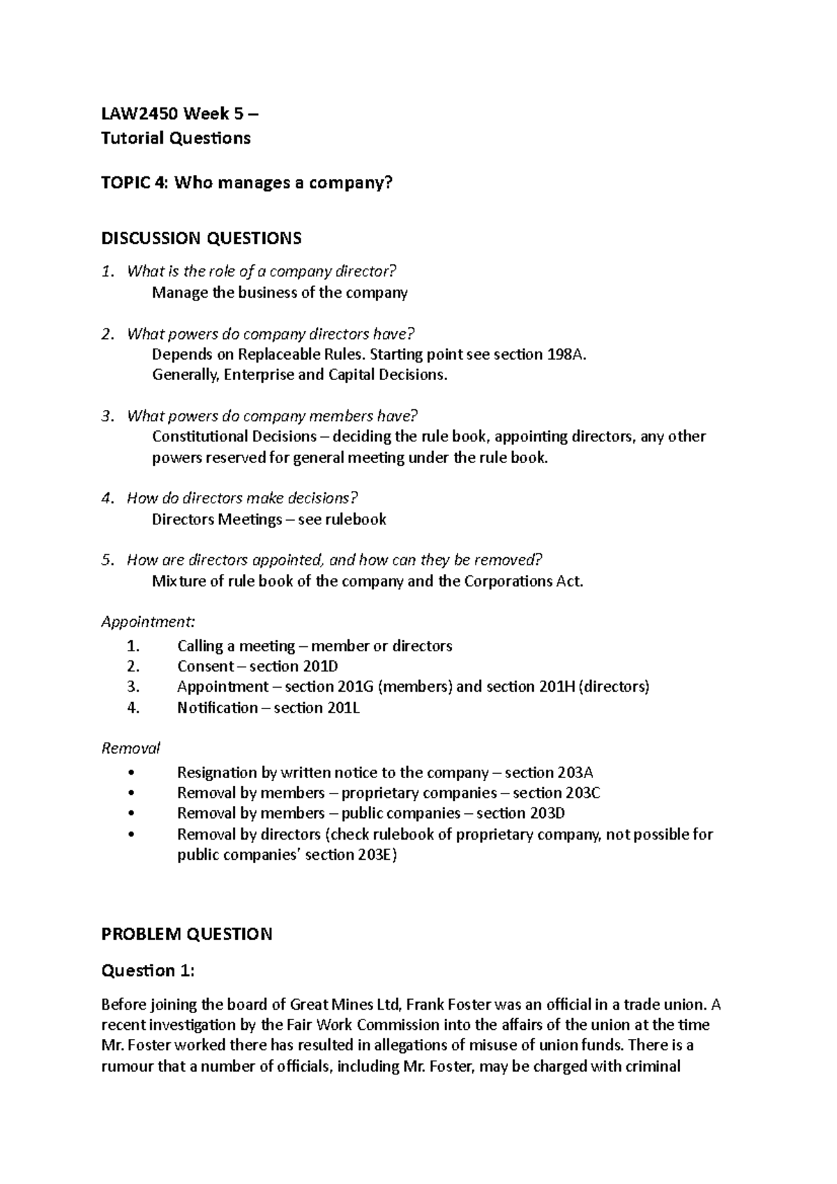 Week 5 - In class Questions - LAW2450 Week 5 – Tutorial Questions TOPIC 4: Who manages a company ...