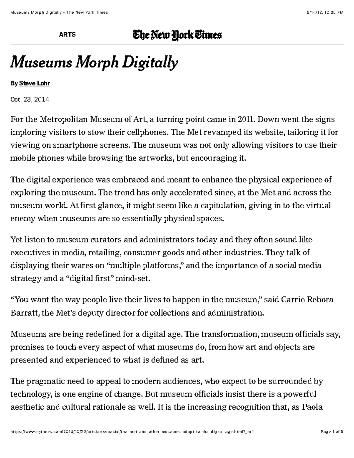 Museums Morph Digitally - The New York Times - ARTS Museums Morph Digitally By Steve Lohr Oct ...