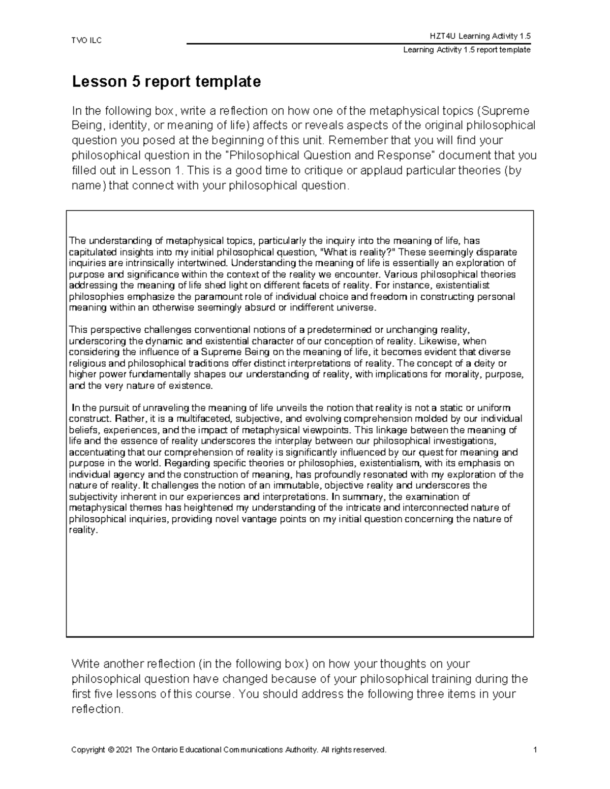 1.5 learning activity - TVO ILC HZT4U Learning Activity 1. Learning ...