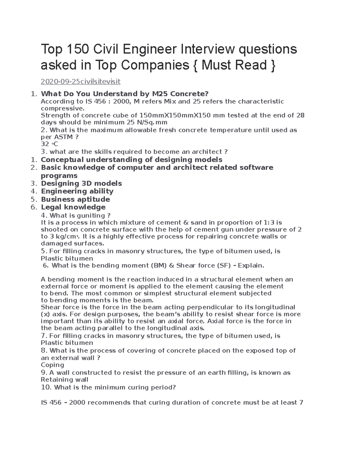 150 Civil Questions AND Answer - Top 150 Civil Engineer Interview ...