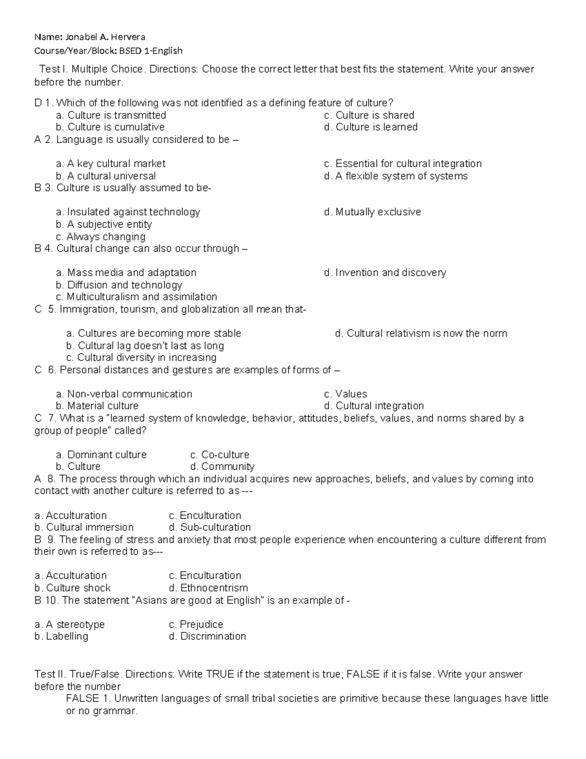 Long-Quiz Eng10 - Name: Jonabel A. Hervera Course/Year/Block: BSED 1 ...