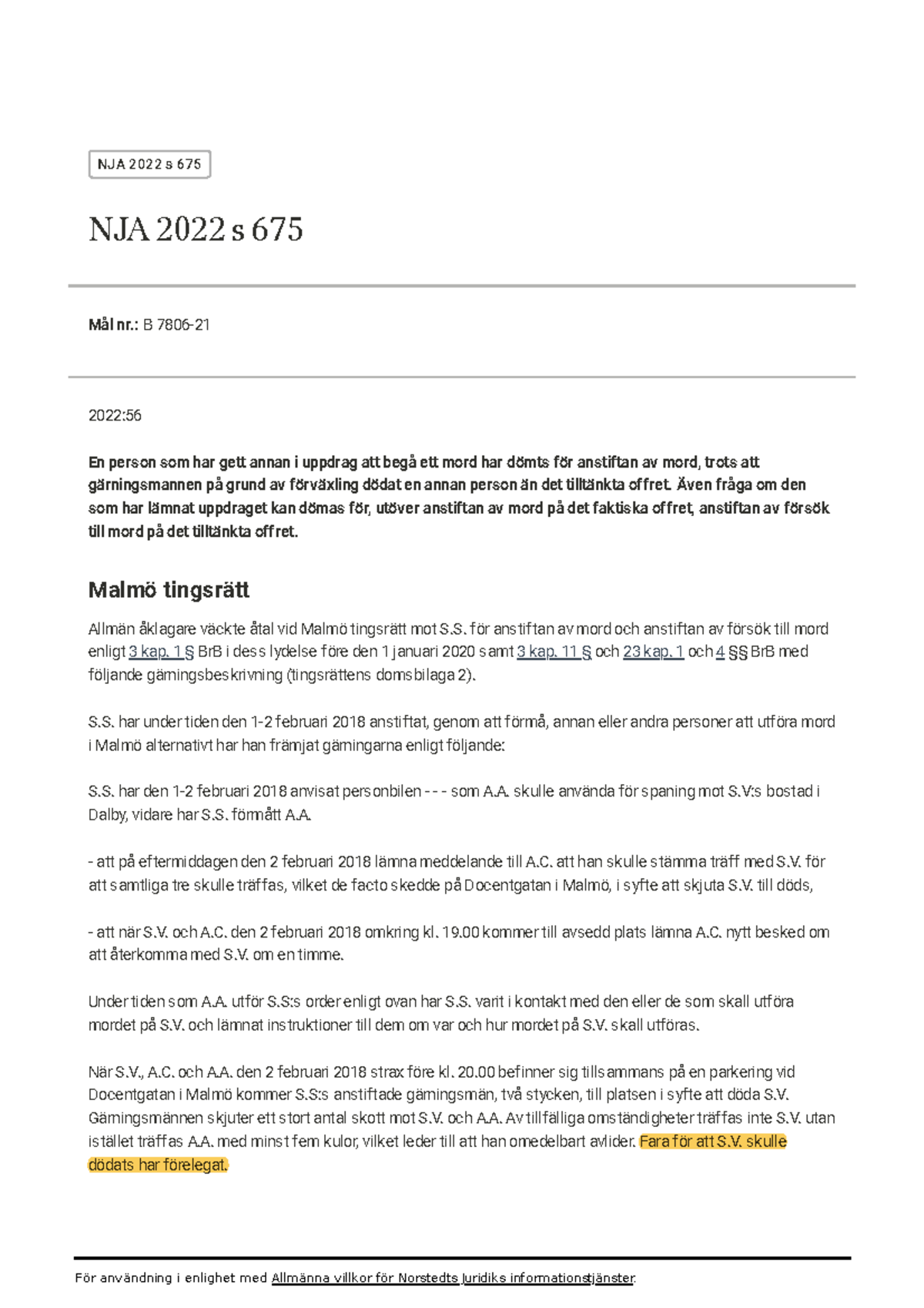 NJA 2022 s. 675 - Rättsfall - NJA 2022 s 675 NJA 2022 s 675 Mål nr.: B ...