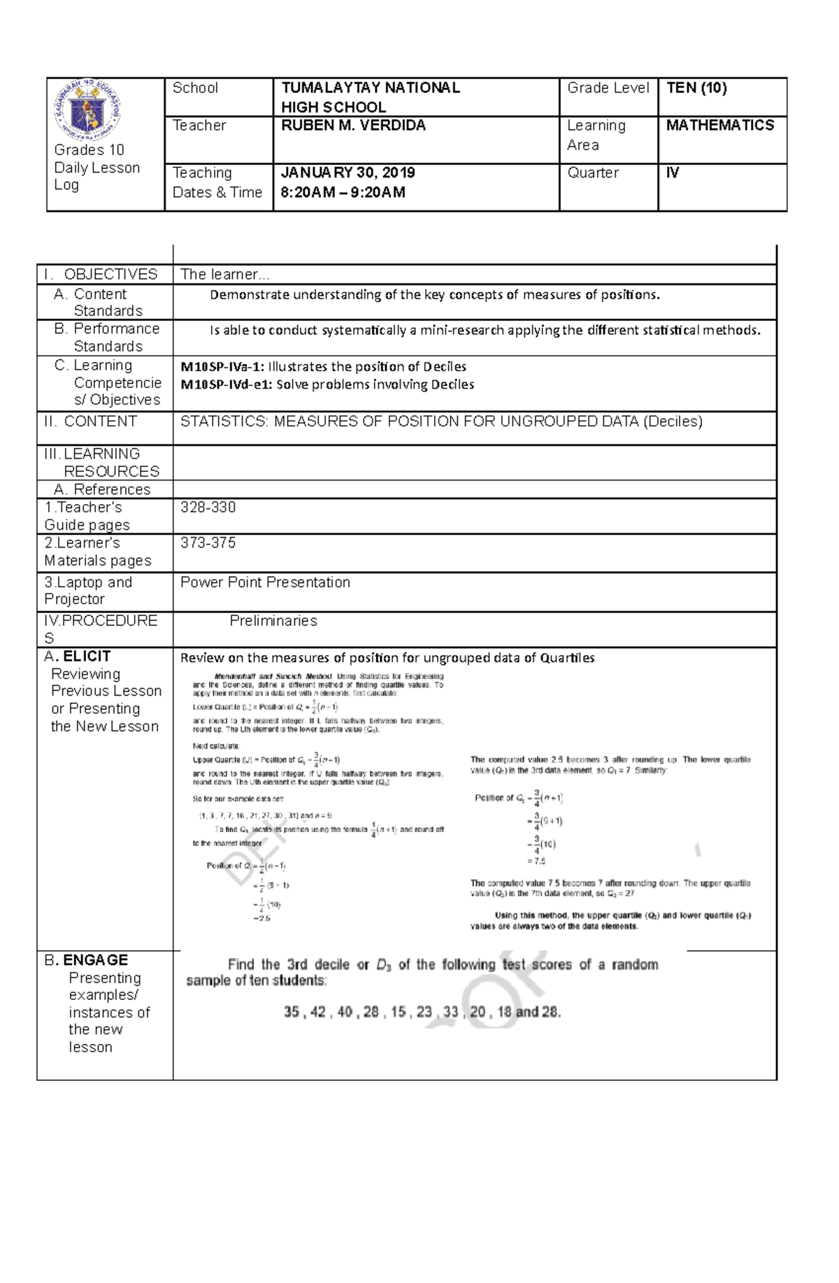 Cotmath 10-IV-1 - Mathematics 8 lesson plan - Grades 10 Daily Lesson ...