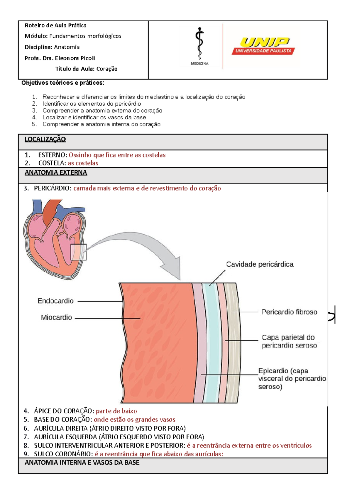 Anatomia Modulo 3 Cardiovascular - Roteiro de Aula Prática Módulo: Fundamentos morfológicos ...