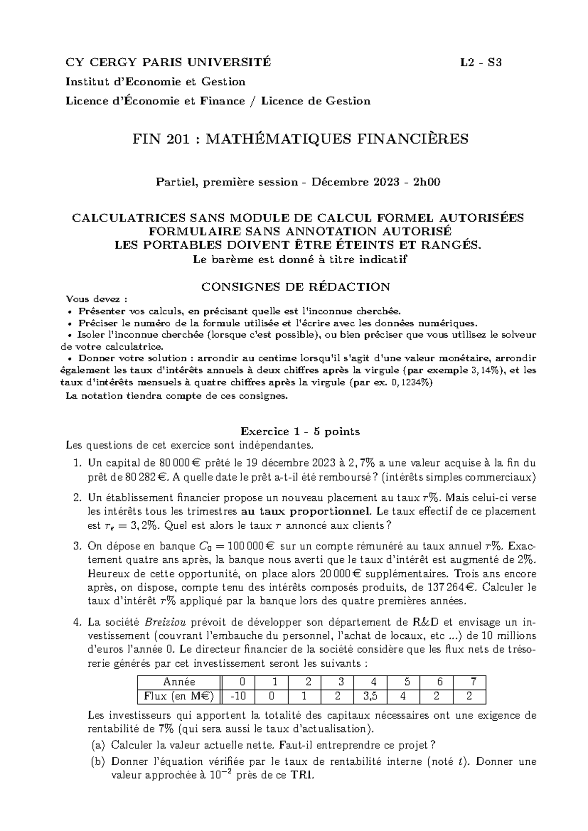 Maths Fi Partiel 1 2023 24 - CY CERGY PARIS UNIVERSITÉ L2 - S Institut d’Economie et Gestion ...